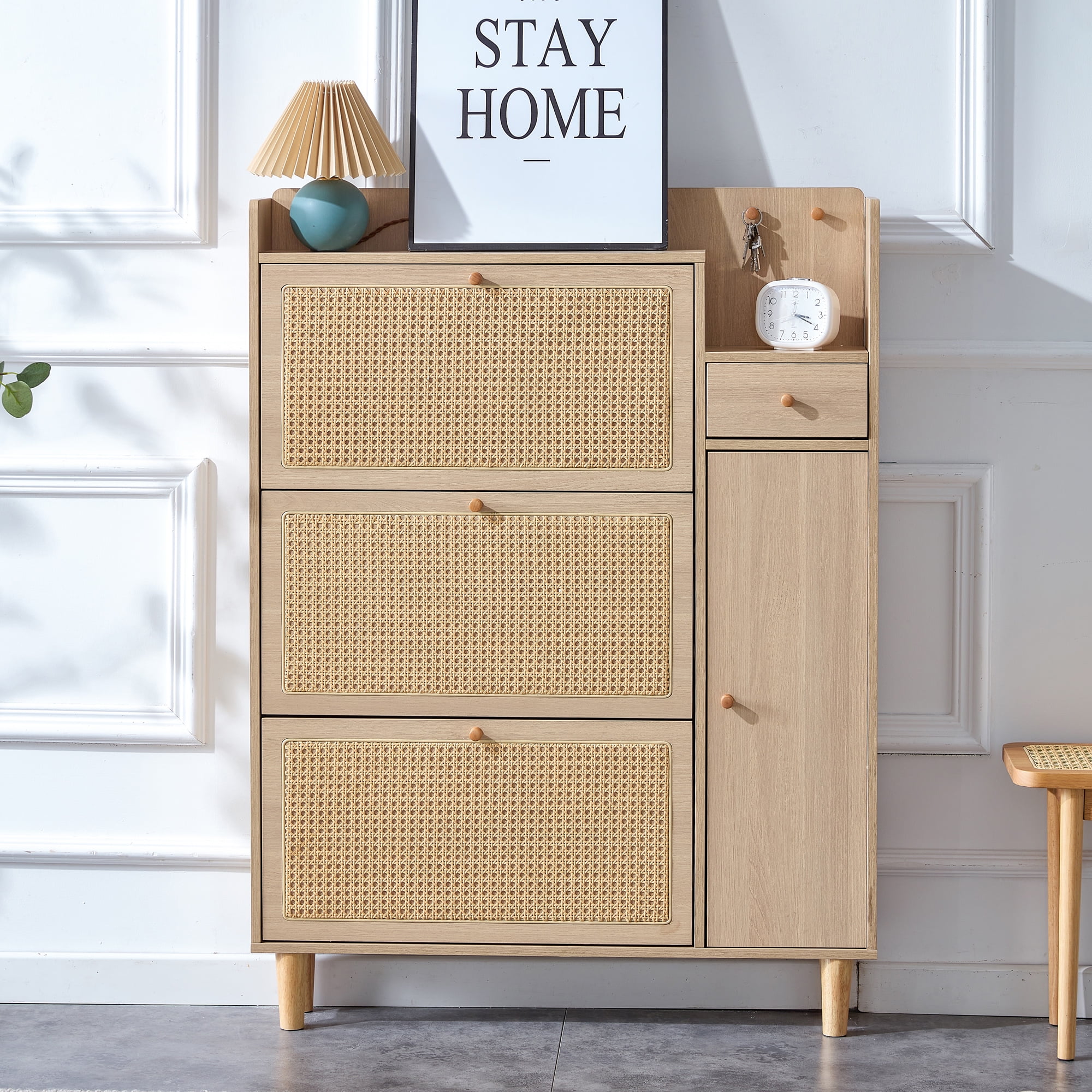 BEKAY Freestanding Shoe Cabinet with 3 Flip Drawers Japanese Rattan ...