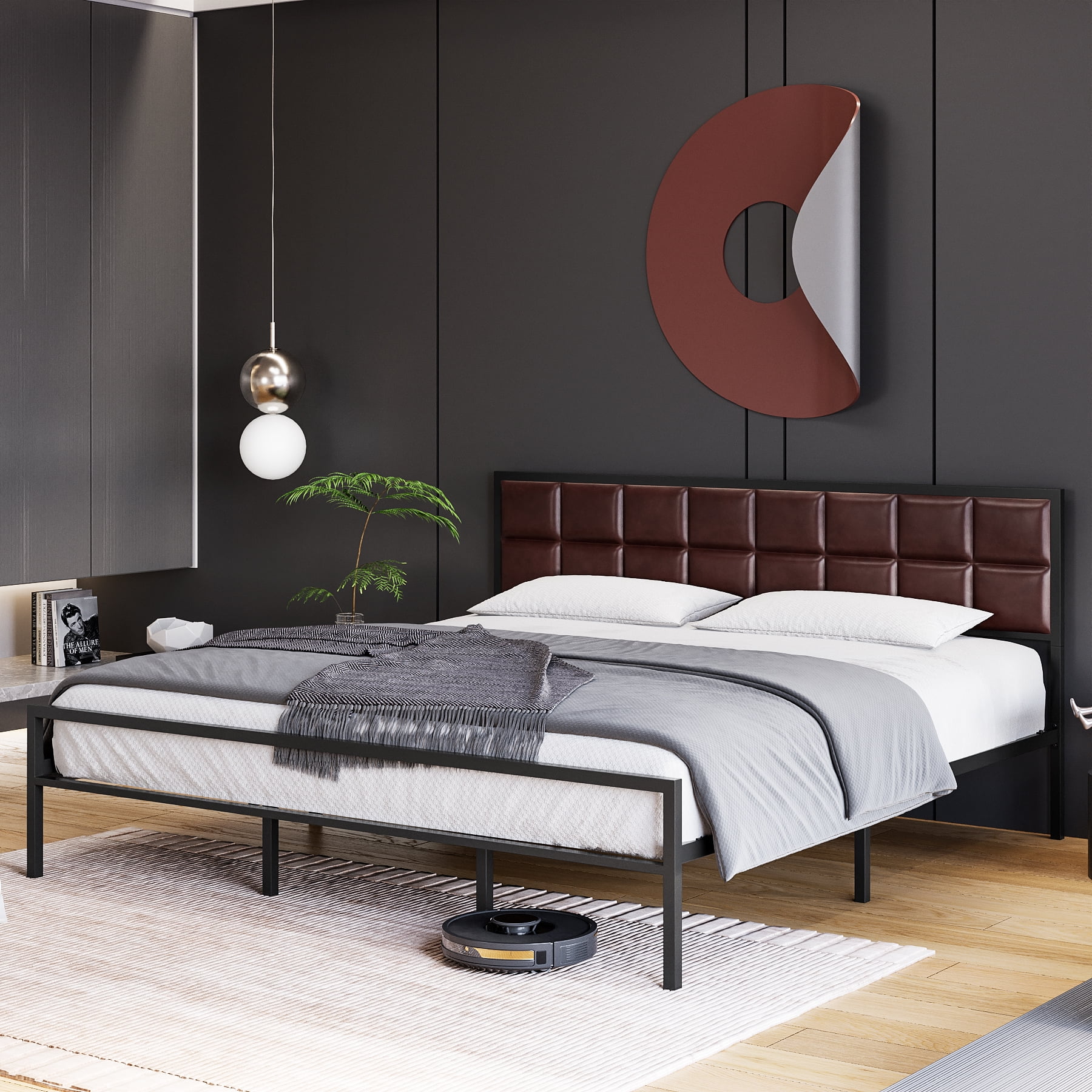 BEKAY Full Size Bed Frame, Faux Leather Platform Bed Frame with ...