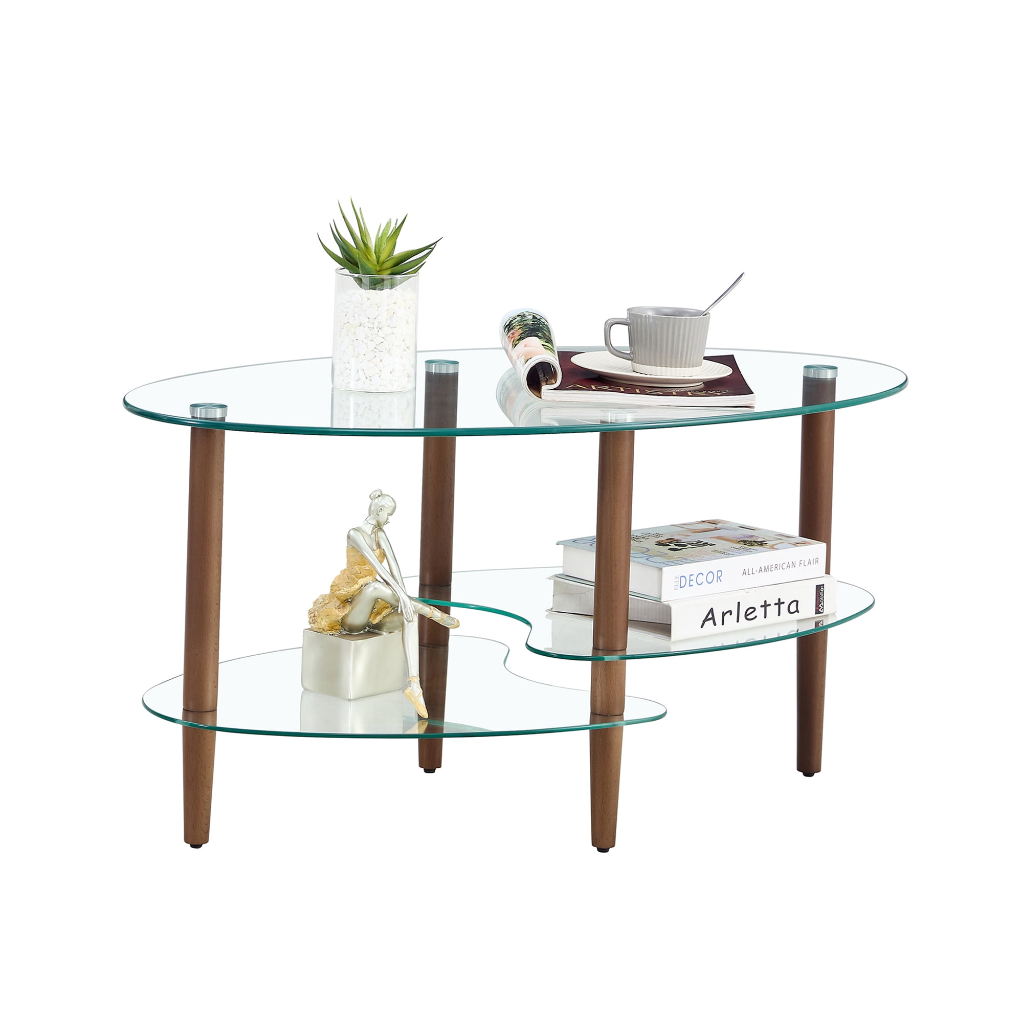 BEKAY Glass Coffee Table, Side Tables Living Room with Oak Table Legs ...