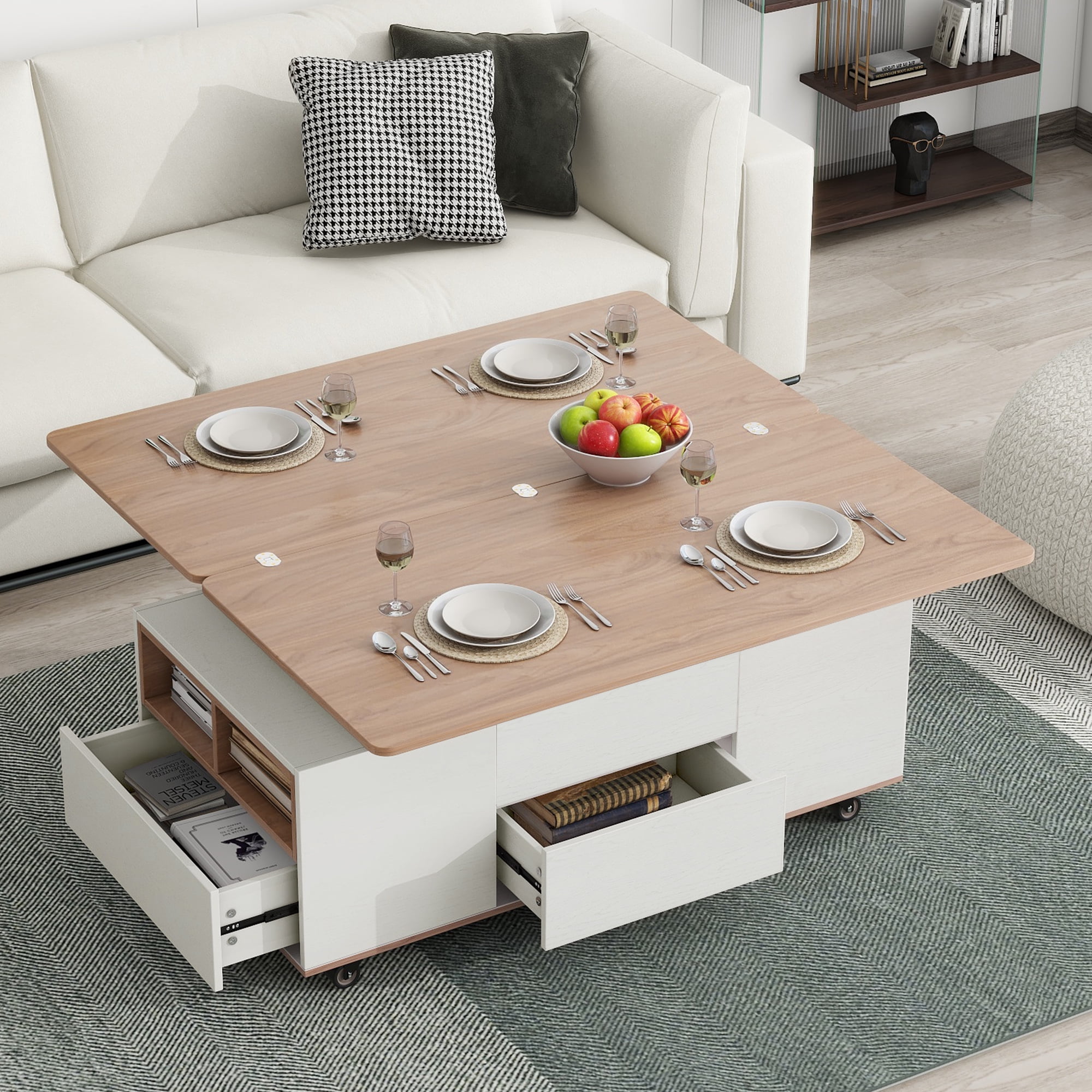 BEKAY Lift Top Coffee Table 3 Drawers Lockable Universal Wheels Hidden ...