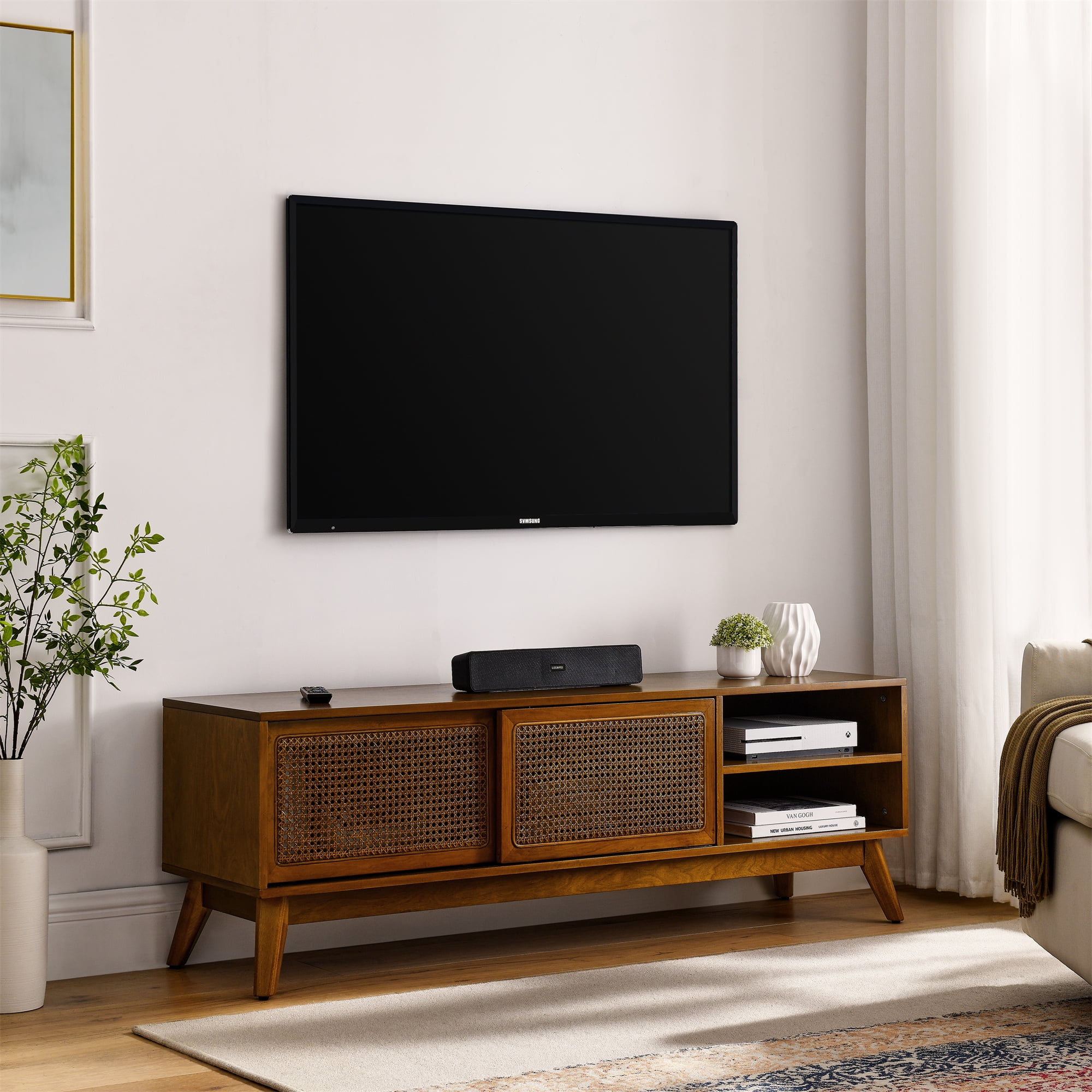 BEKAY MDF Rattan TV Stand for TV Up to 65 Inch Entertainment Center ...