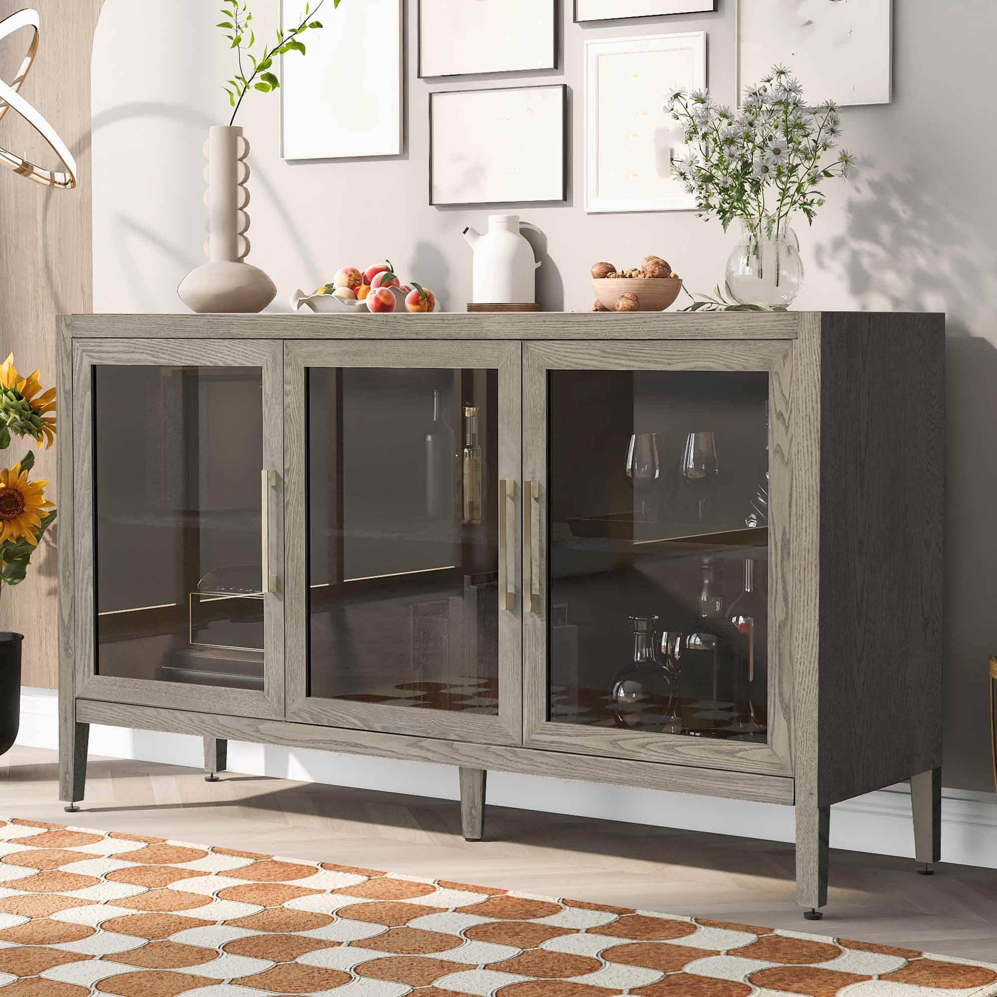 BEKAY Multifunctional Storage Cabinet with 3 Tempered Glass Doors and ...