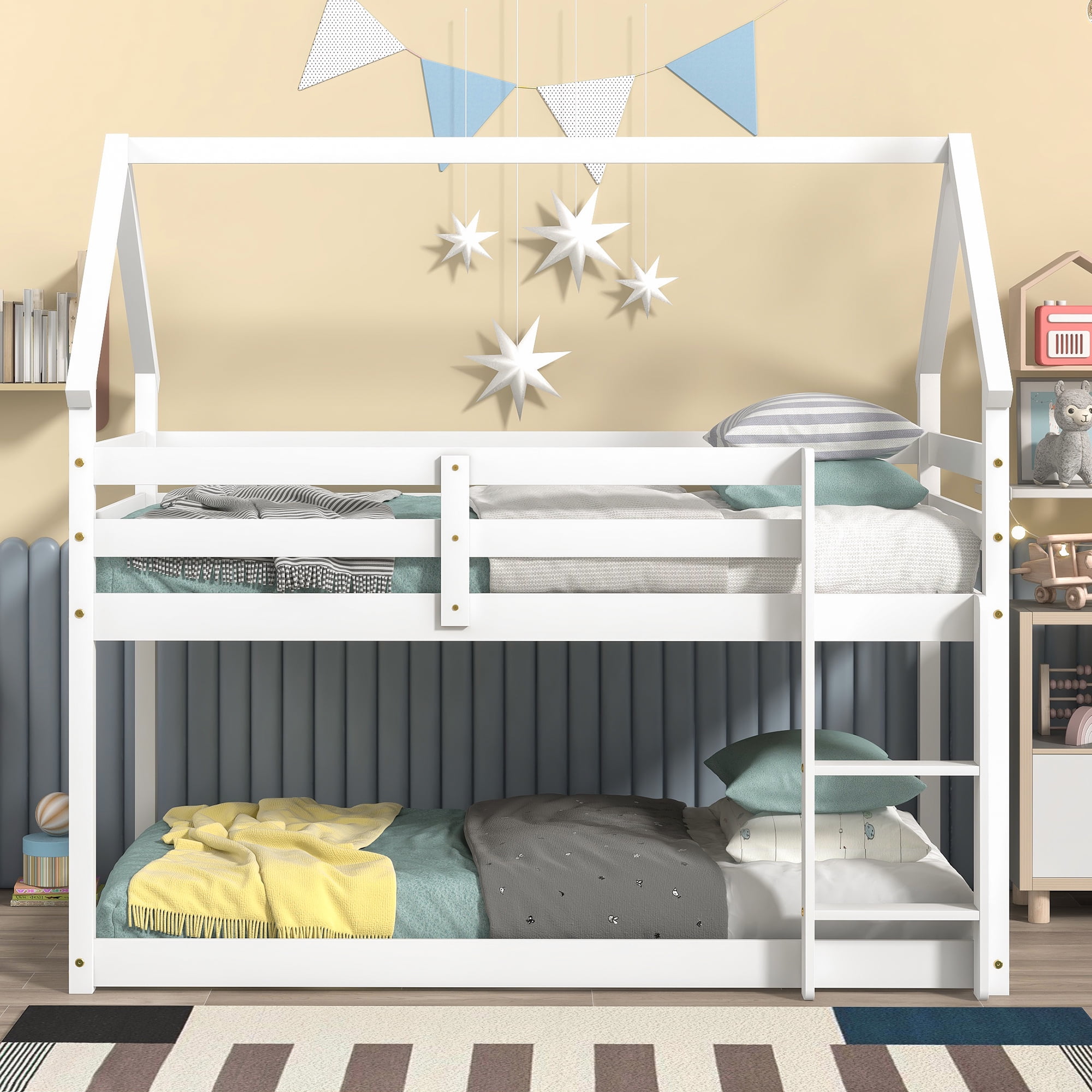 BEKAY Twin Over Twin Loft Bed, Pine Tent-shaped Bunk Bed, Fun Playhouse ...