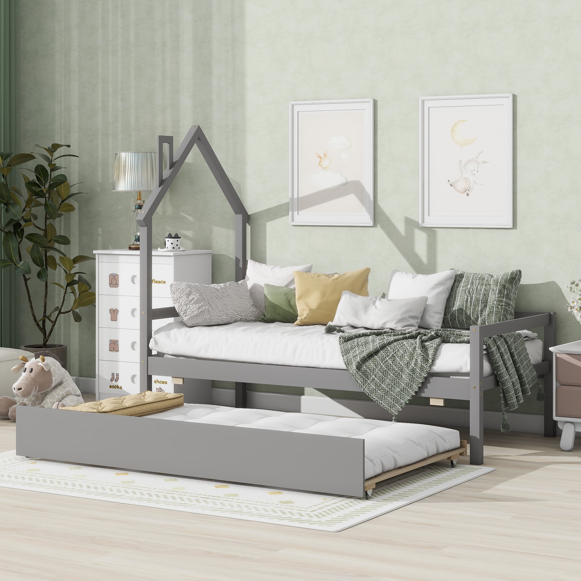 BEKAY Twin Size Daybed with Trundle, Pine Wood House-Shaped Headboard ...