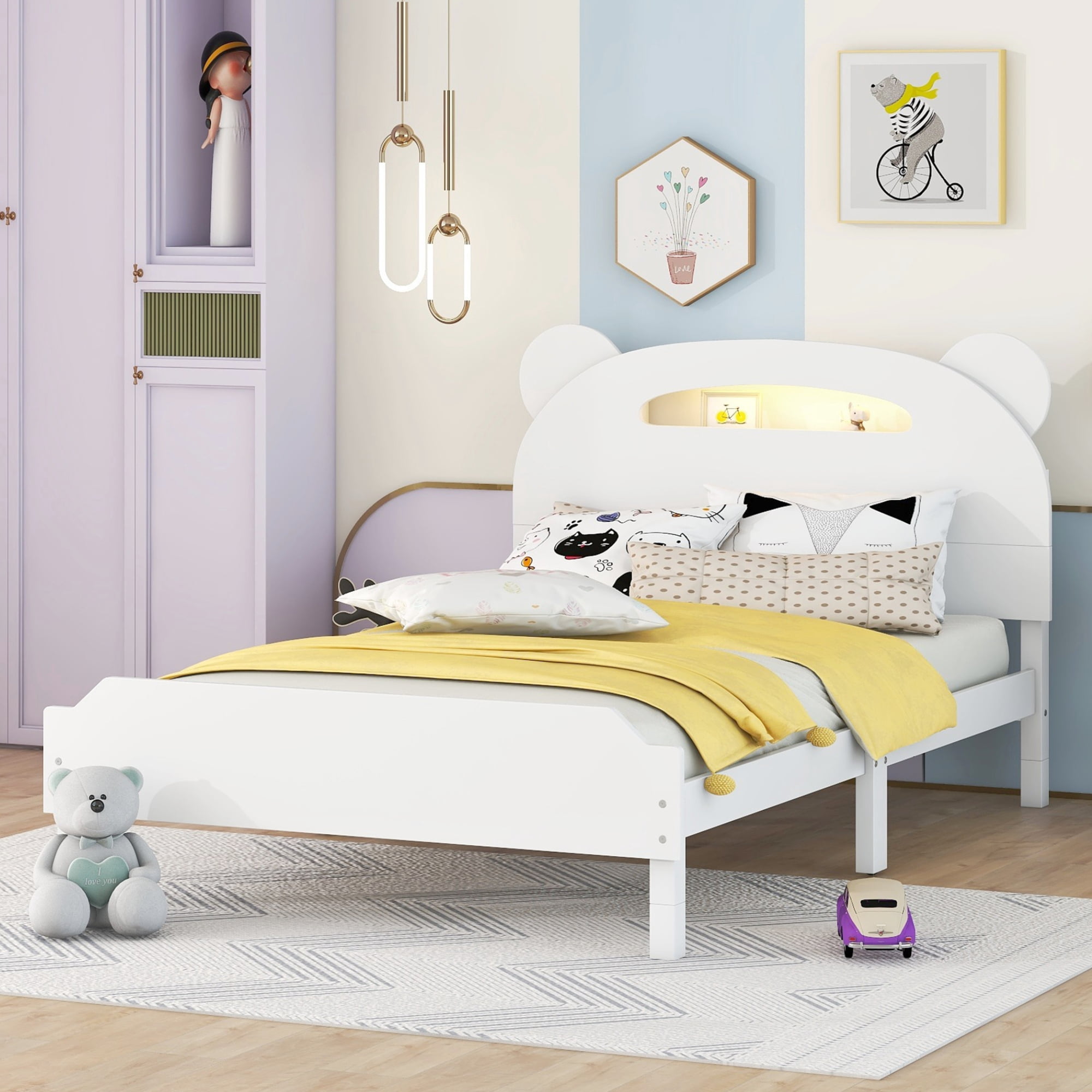 BEKAY Twin Size Wood Platform Bed with Motion Activated Night Lights ...