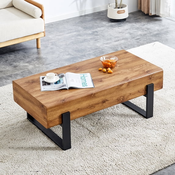 BEKAY Wide Coffee Table Natural Wood Tone Metal Legs Industrial Modern ...