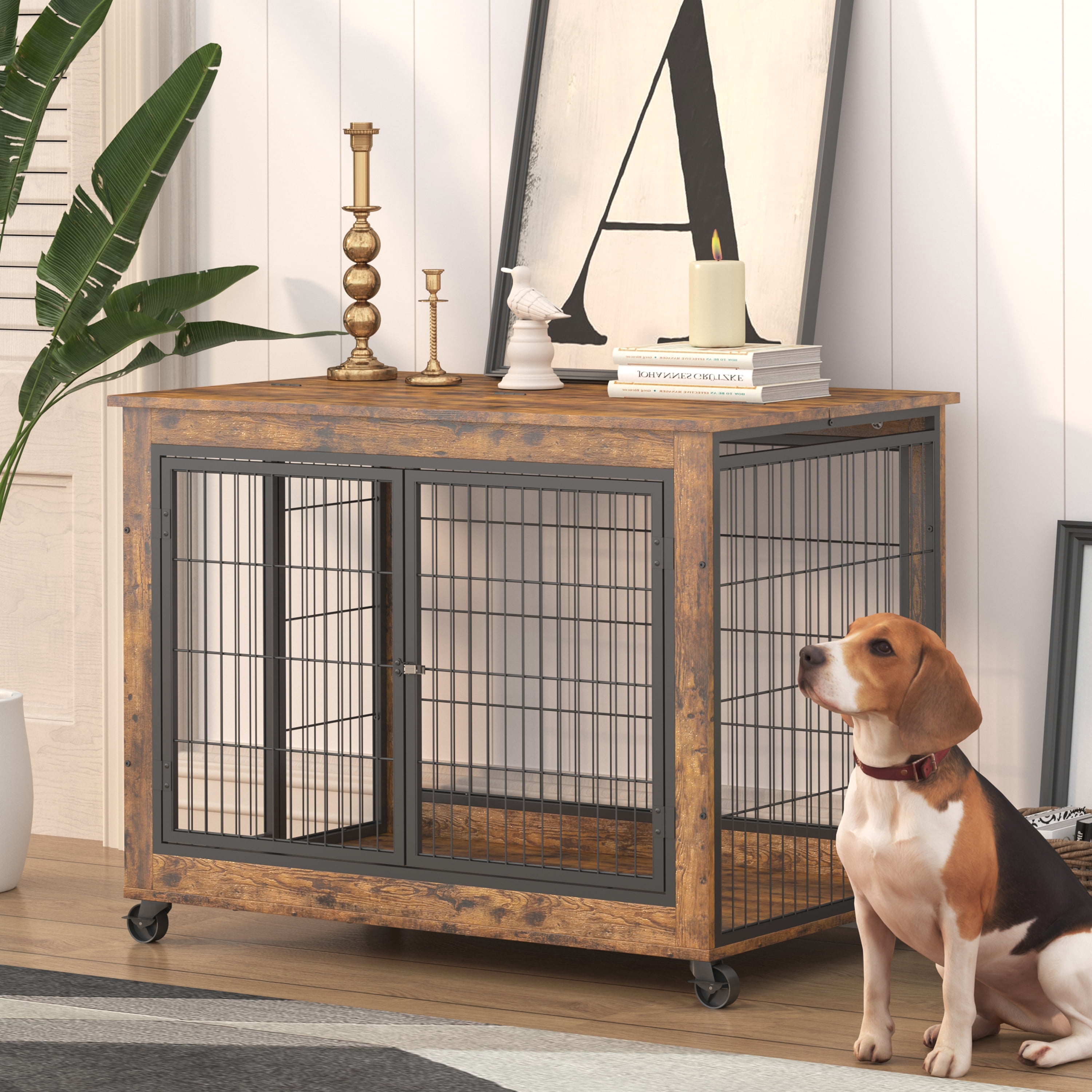 BEKAY Wooden Dog Crate Furniture with Double Doors , Dog Kennel ...