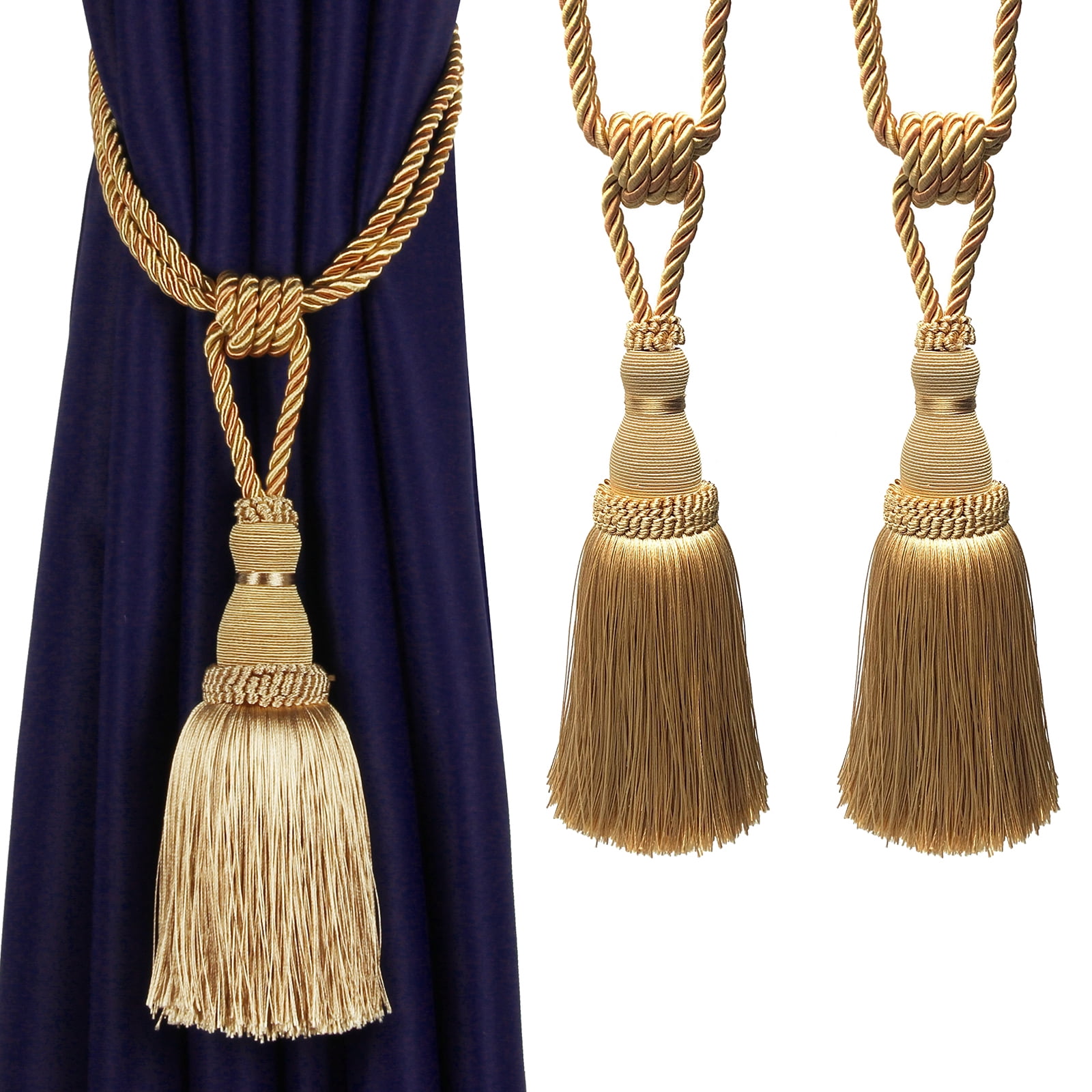 BEL AVENIR 2 Pack Curtain Tiebacks Tassel Rope Handmade Holdbacks Gold ...
