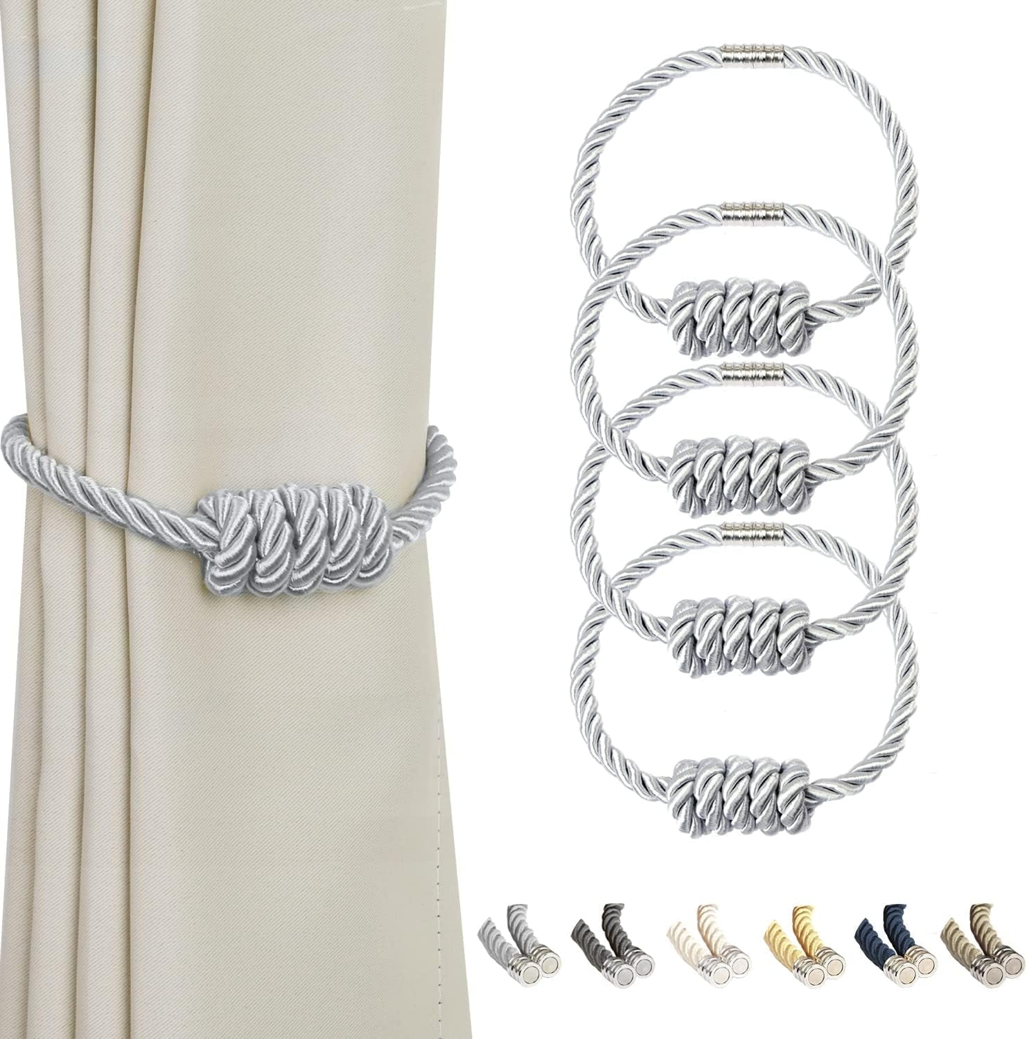 BEL AVENIR Magnetic Curtain Clip, 4-Piece Silver Braided Buckle Rope ...