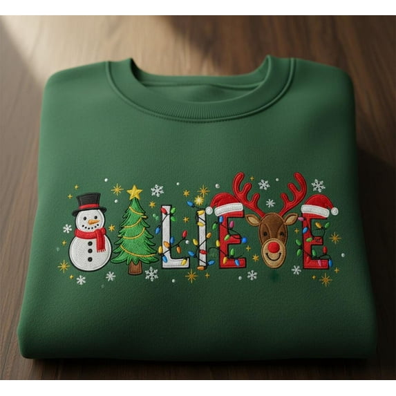 BELIEVE Embroidered Sweatshirt, Christmas Word Art Crewneck, Cozy ...