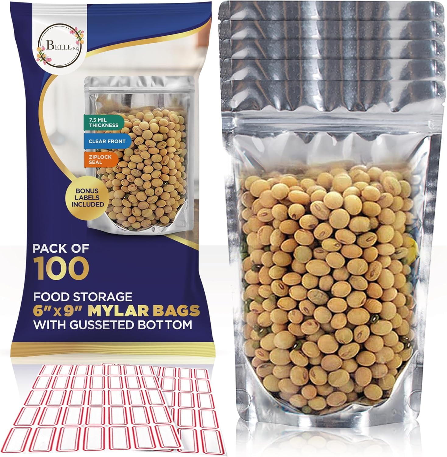 BELLE KR® 6x9 Mylar Bags for Food Storage - Pack Of 100 - 7.5mil ...