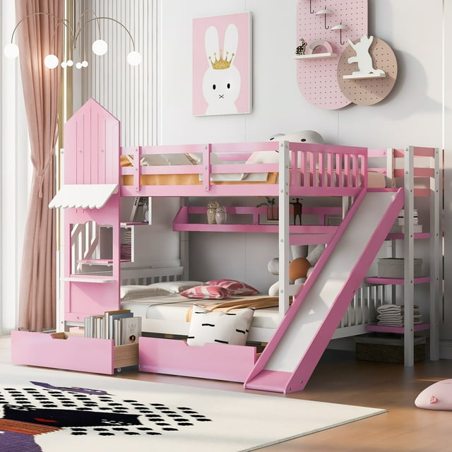 BELLEMAVE Kids Castle Bunk Bed - Full/Full, Storage, Slide, Guardrail ...
