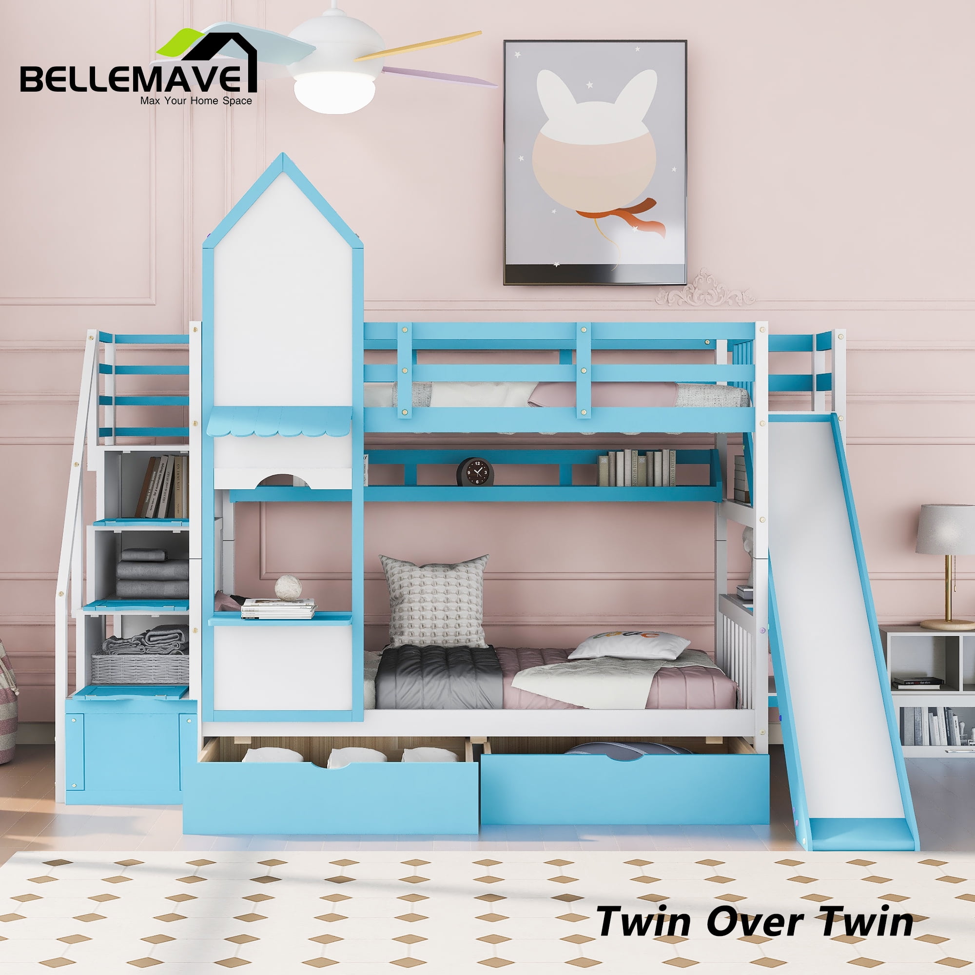 BELLEMAVE Kids Castle Bunk Bed, Twin over Twin, with Playhouse, Storage ...