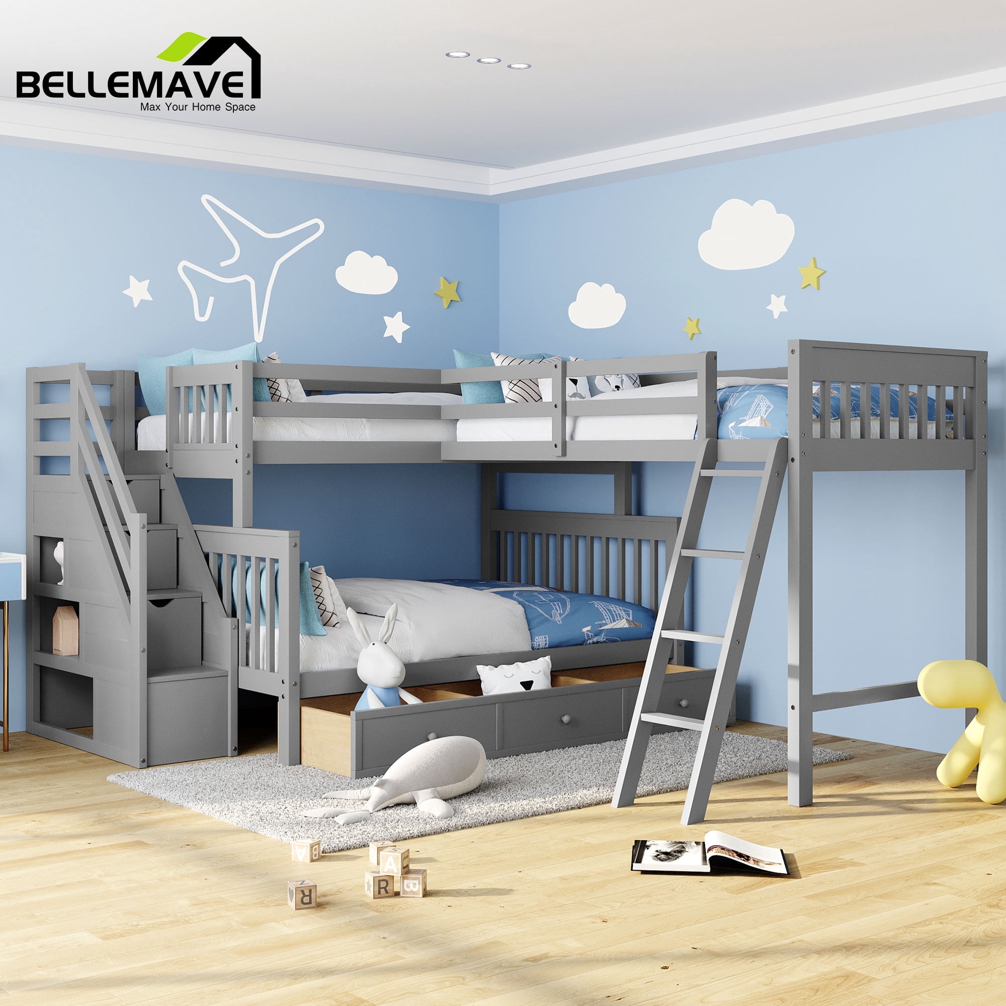 BELLEMAVE Wooden L-Shaped Bunk Bed Twin over Full with Storage Stairs ...