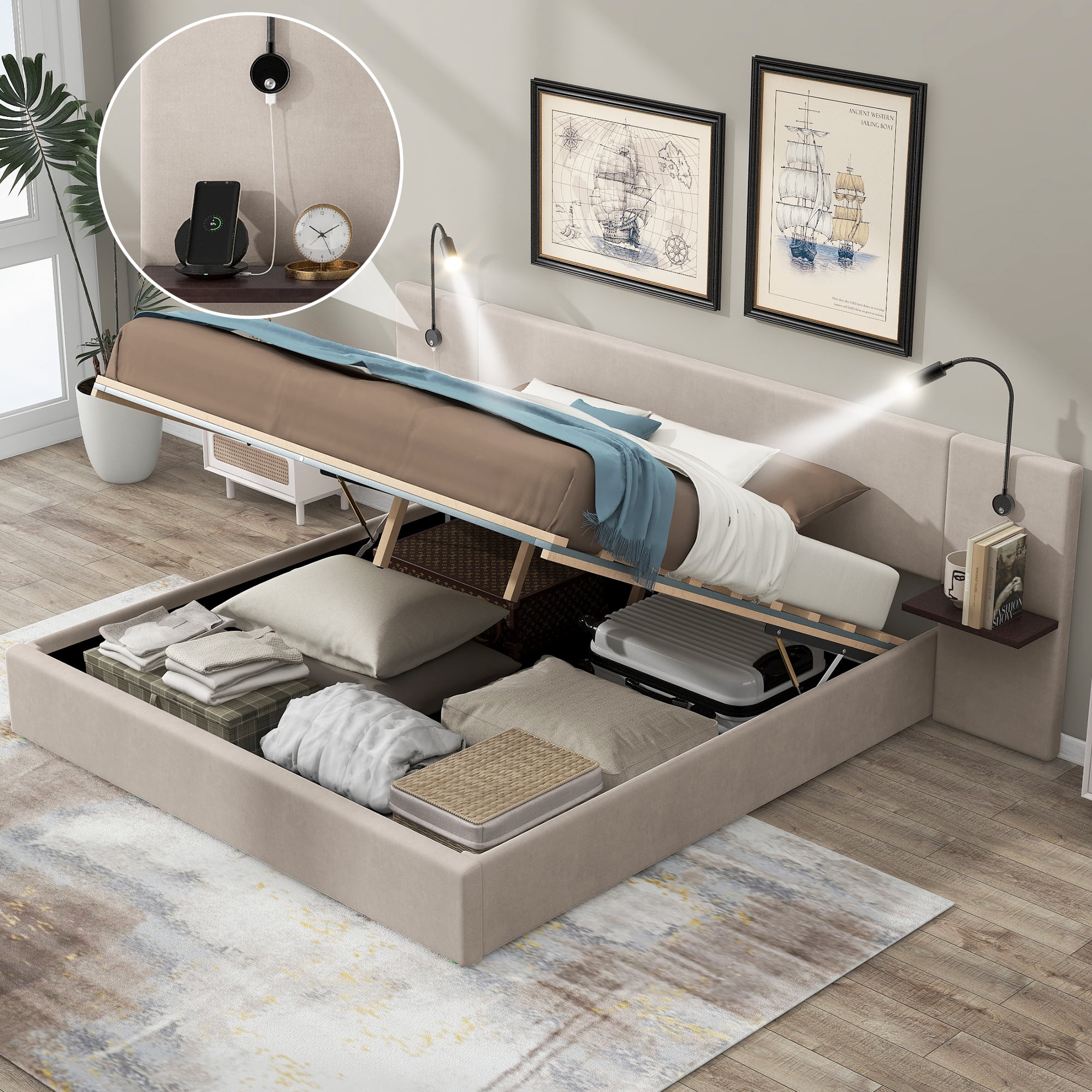 BELLEMAVE Upholstered Queen Size Hydraulic Platform Bed w/ 2 Shelves ...