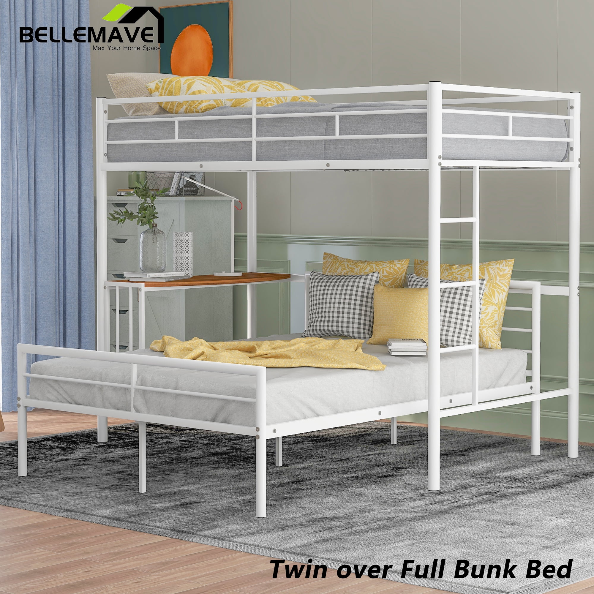 BELLEMAVE Twin over Full Bunk Bed with Desk, Metal Bunk Bed with Full ...