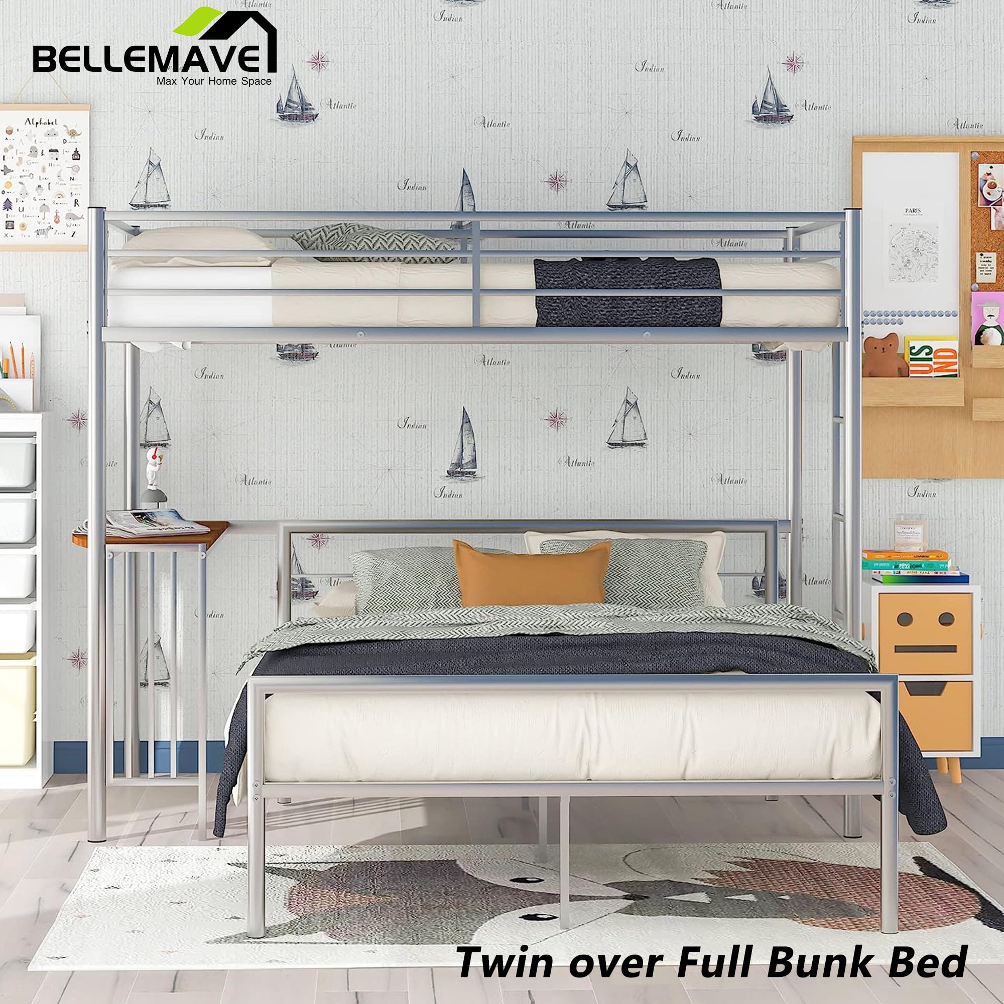 BELLEMAVE Twin over Full Bunk Bed with Desk, Metal Bunk Bed with Full ...