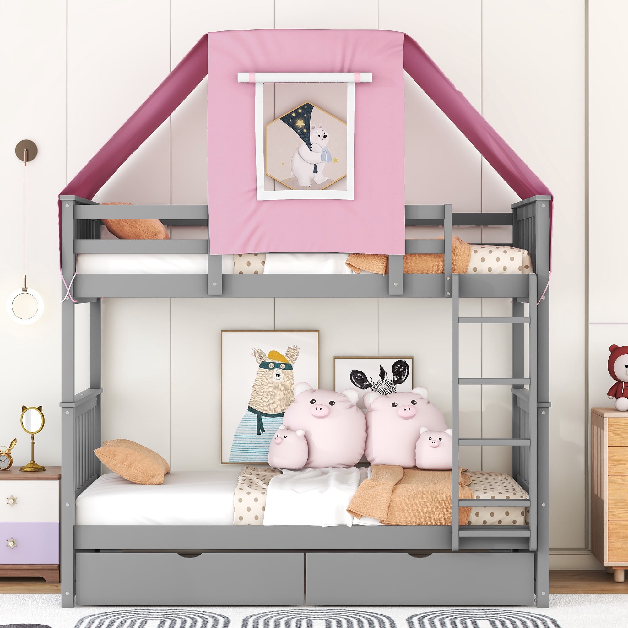 BELLEMAVE Wooden Twin over Twin Bunk Bed Frame with Tent and 2 Drawers ...