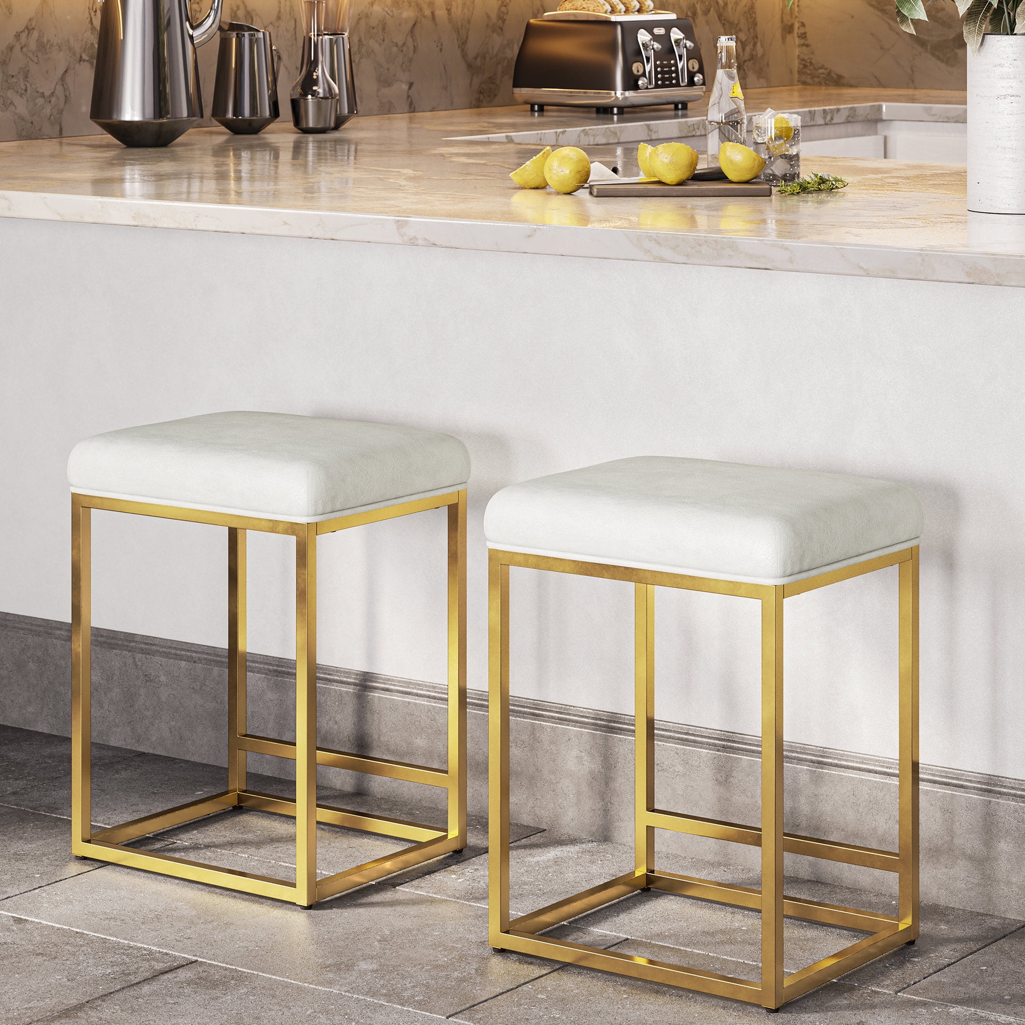 "BELLEZE 24"" High Legs Backless Bar Stools Set of 2, PU Leather ...