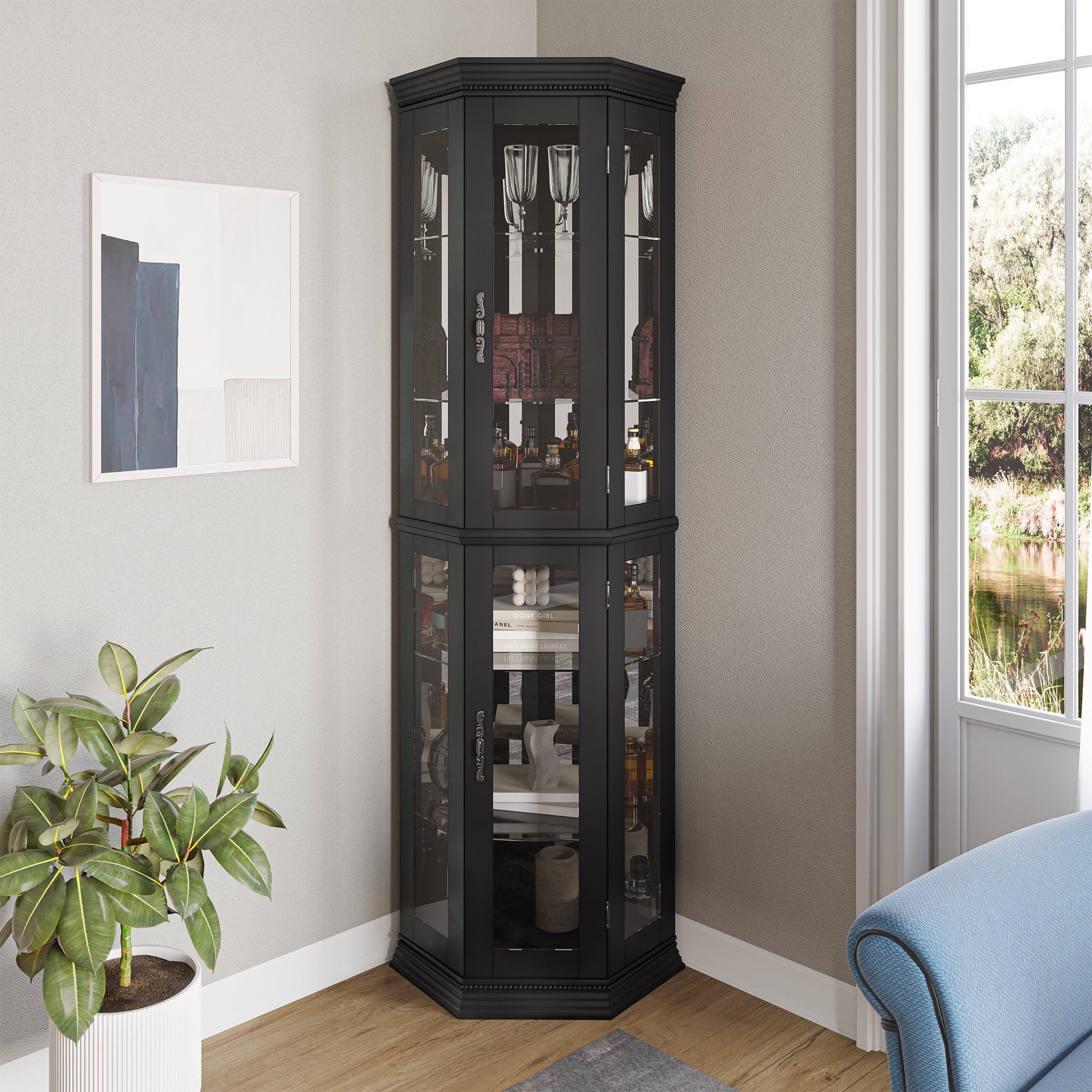 BELLEZE 3-Side Lighted Display Cabinet, Glass Doors, Wooden Corner ...
