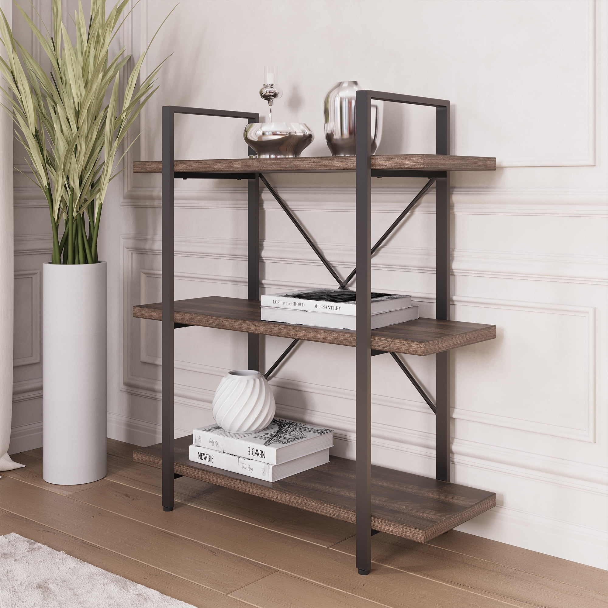 BELLEZE 3 Tier Modern Rustic Industrial Bookshelf - Hazel (Dark Walnut ...