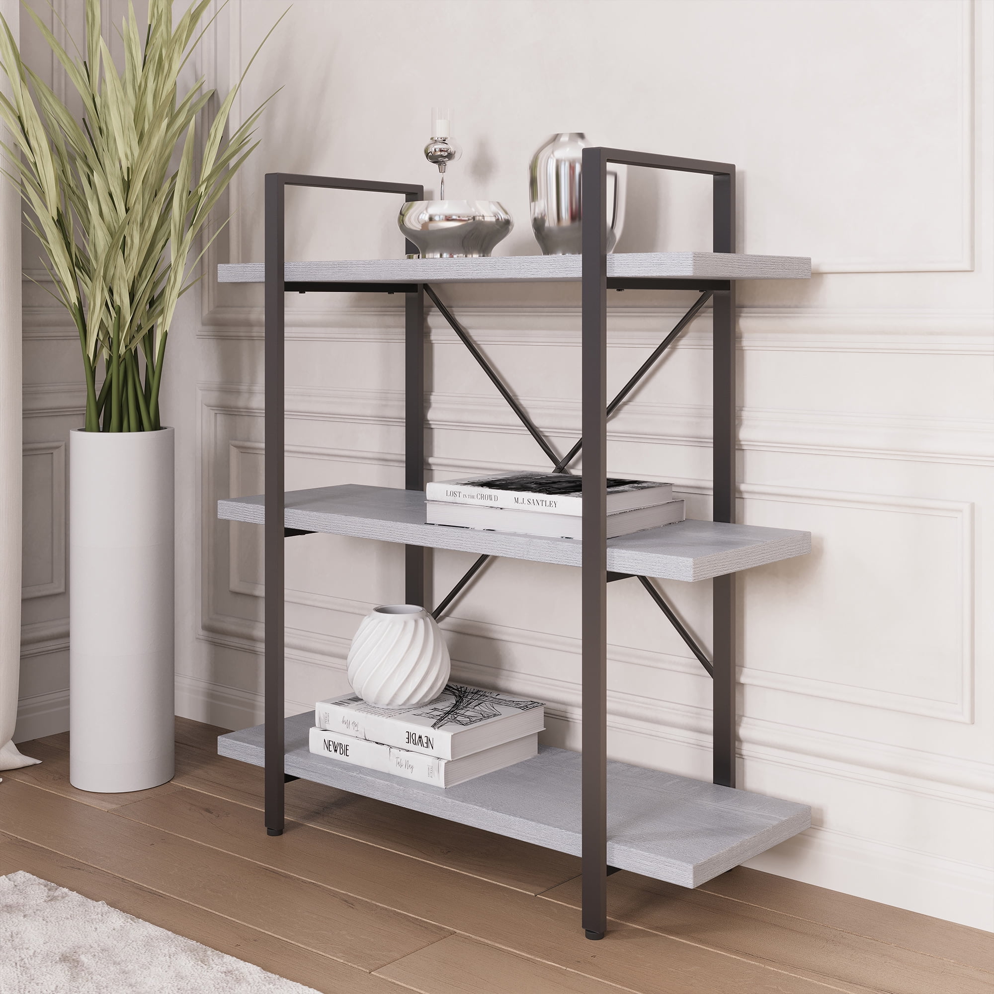 BELLEZE 3 Tier Modern Rustic Industrial Bookshelf - Hazel (Stone Grey ...