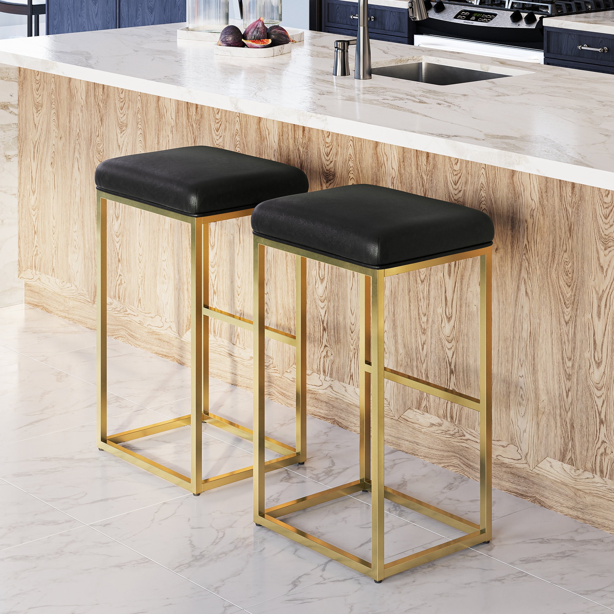 BELLEZE 30" Bar Height Bar Stools Set of 2, PU Leather Backless ...