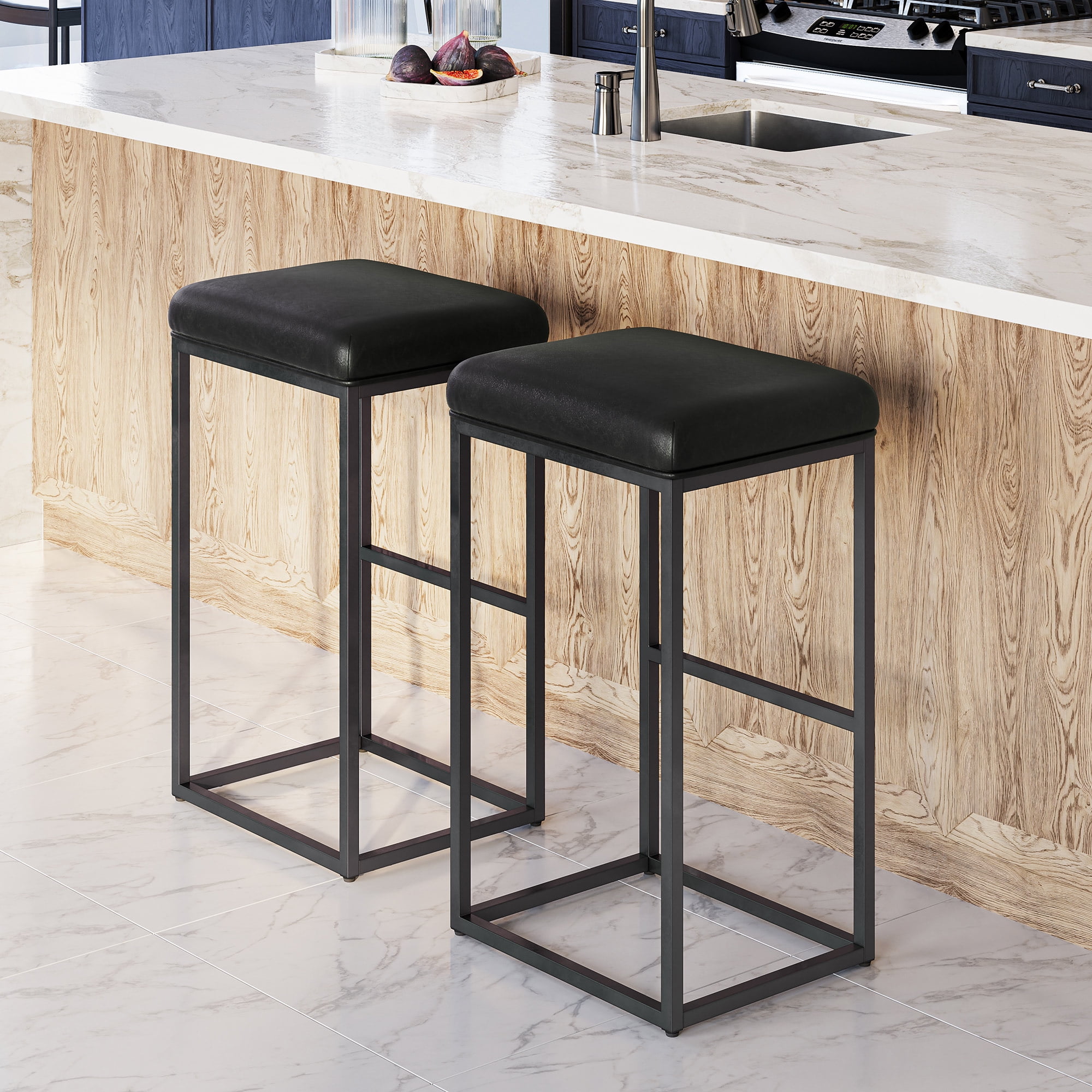 BELLEZE 30" Bar Height Bar Stools Set of 2, PU Leather Backless ...