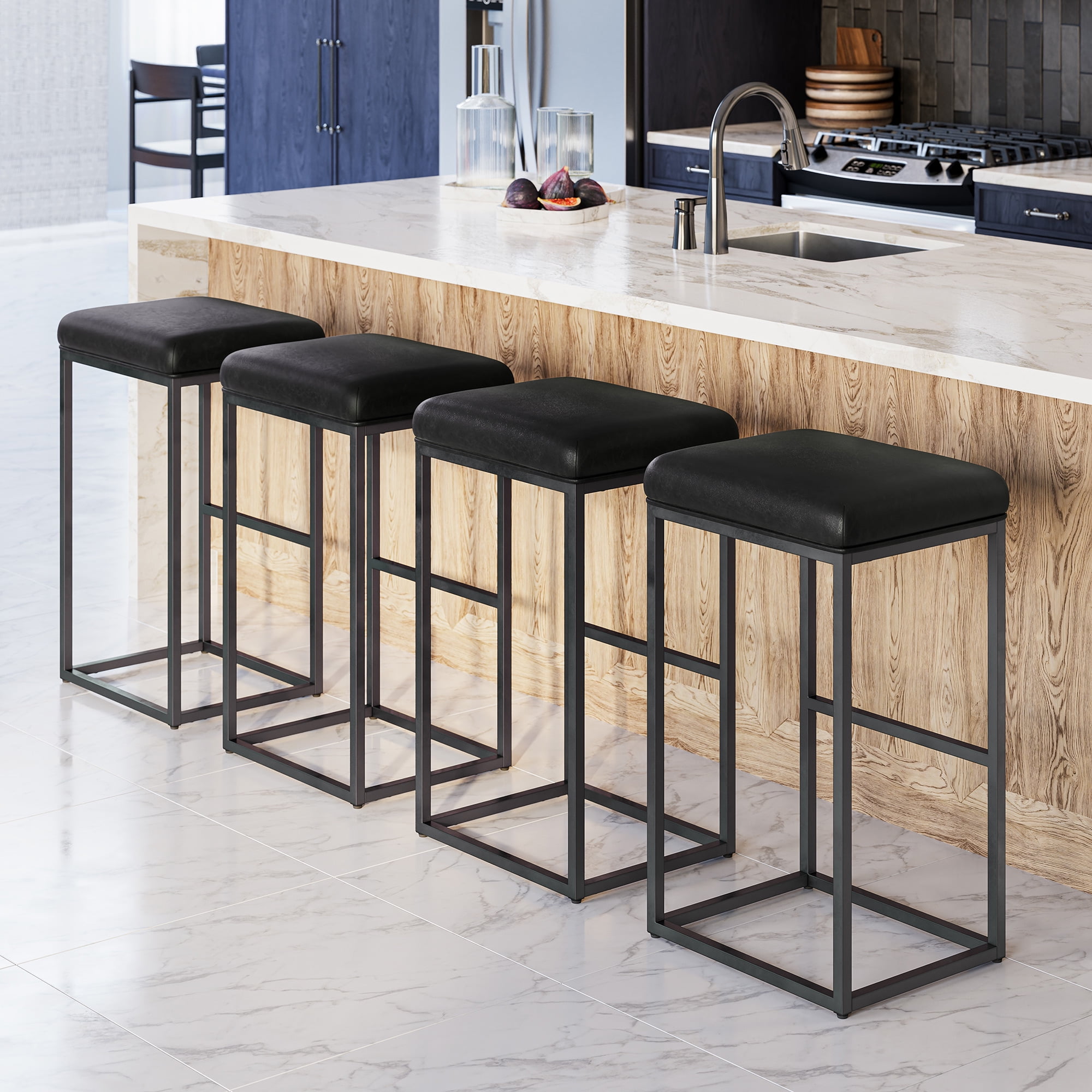 BELLEZE PU Leather Backless Barstools with Metal Base, Black & Black ...