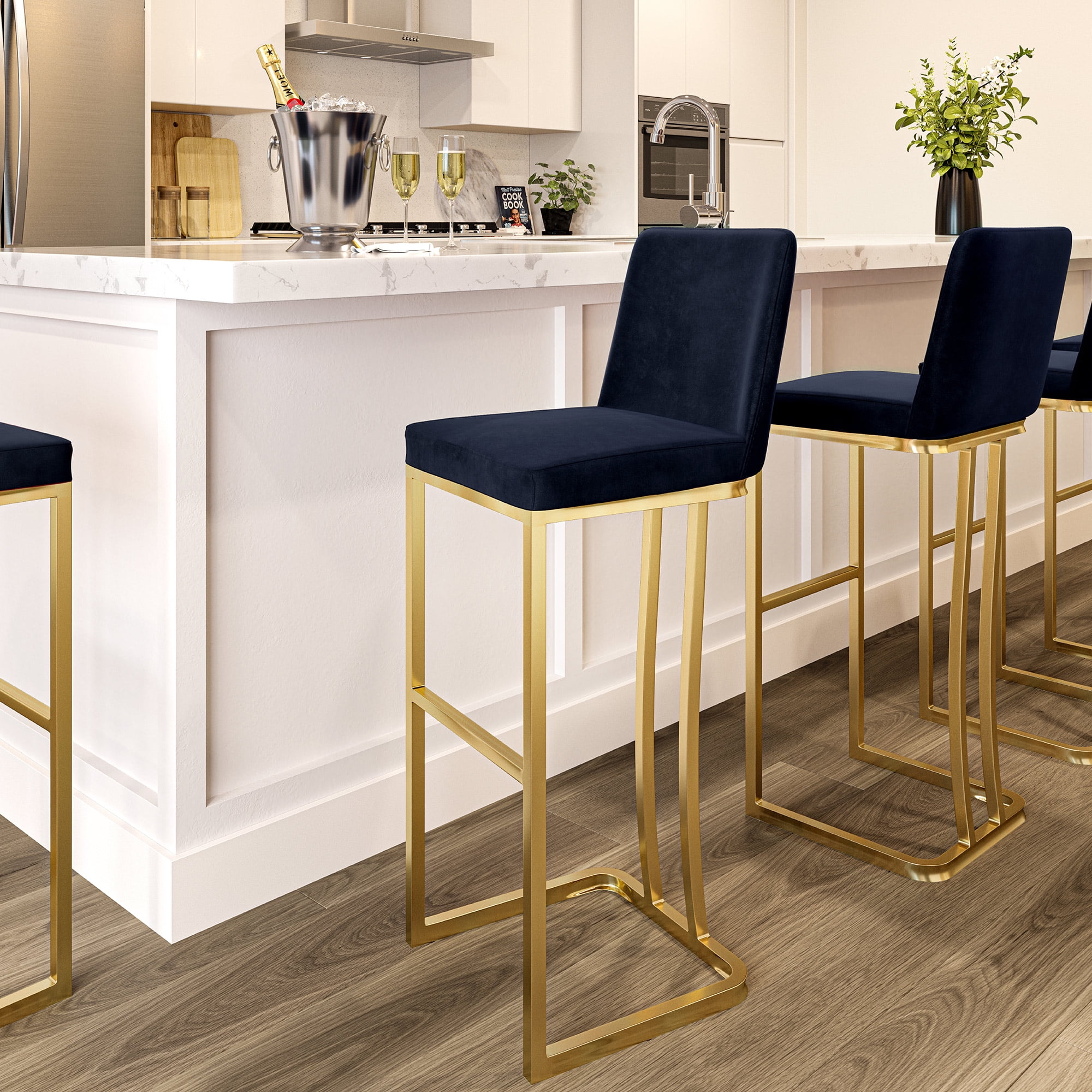 BELLEZE 30" Seat Height Bar Stools Upholstered Velvet Mid Back Barstool ...