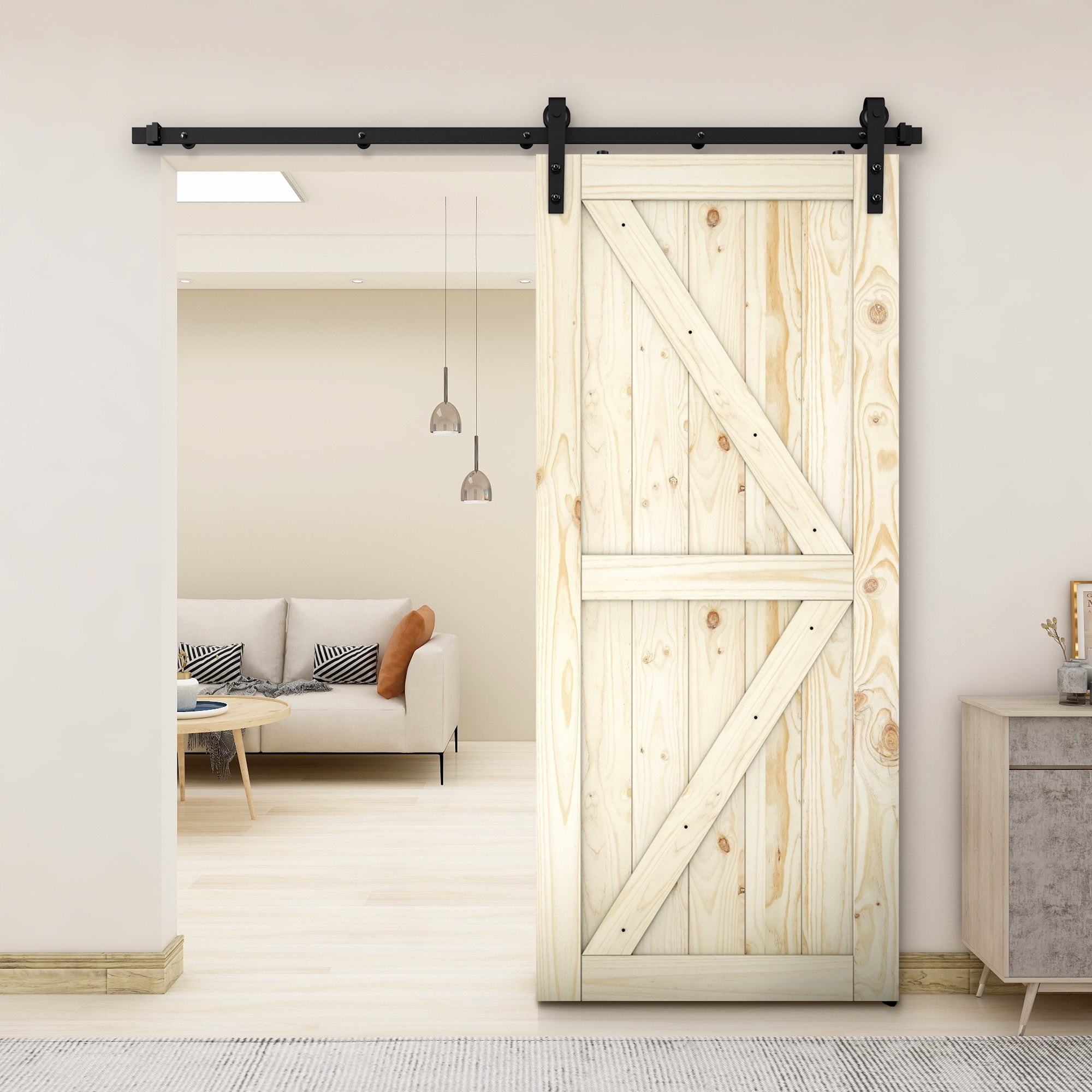 BELLEZE 36x84in DIY Unfinished Pine Wood Sliding Barn Door K-Frame with ...