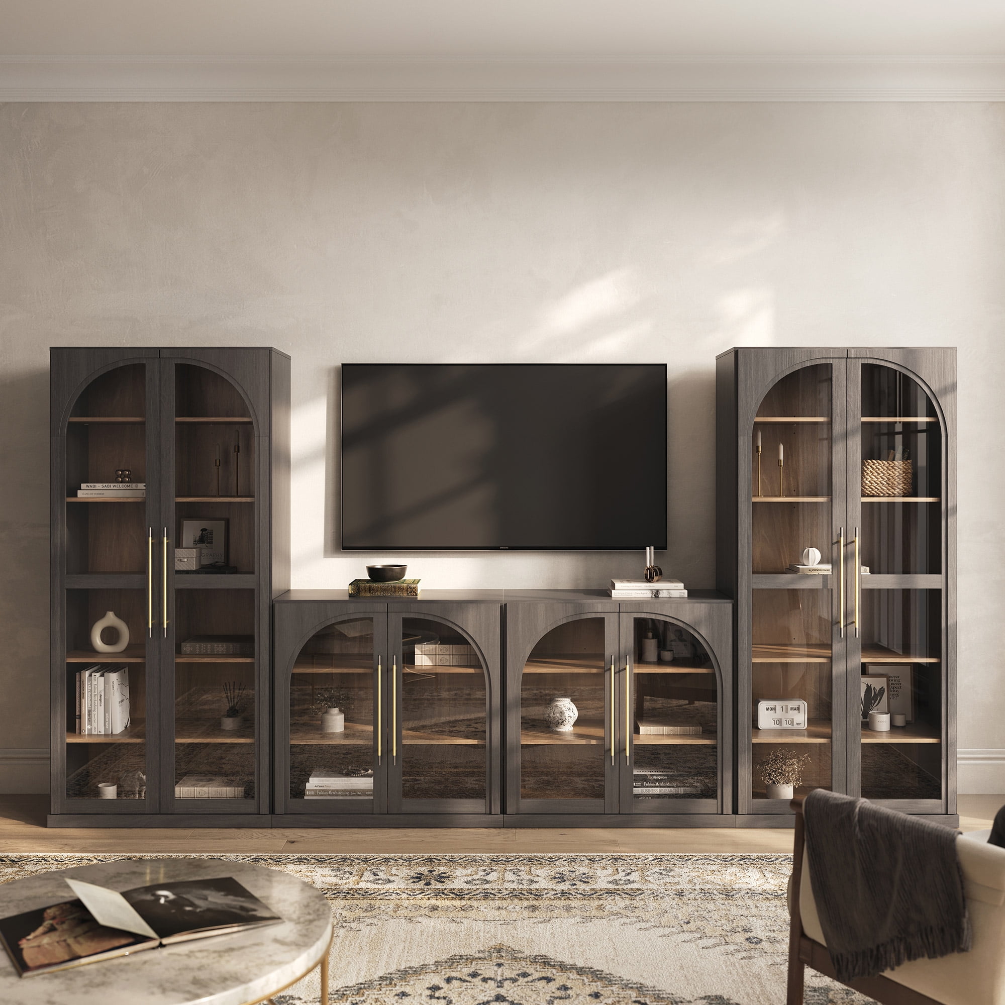 BELLEZE 4-Piece Modular TV Stand Set - 2 Arched Glass Door Sideboard ...