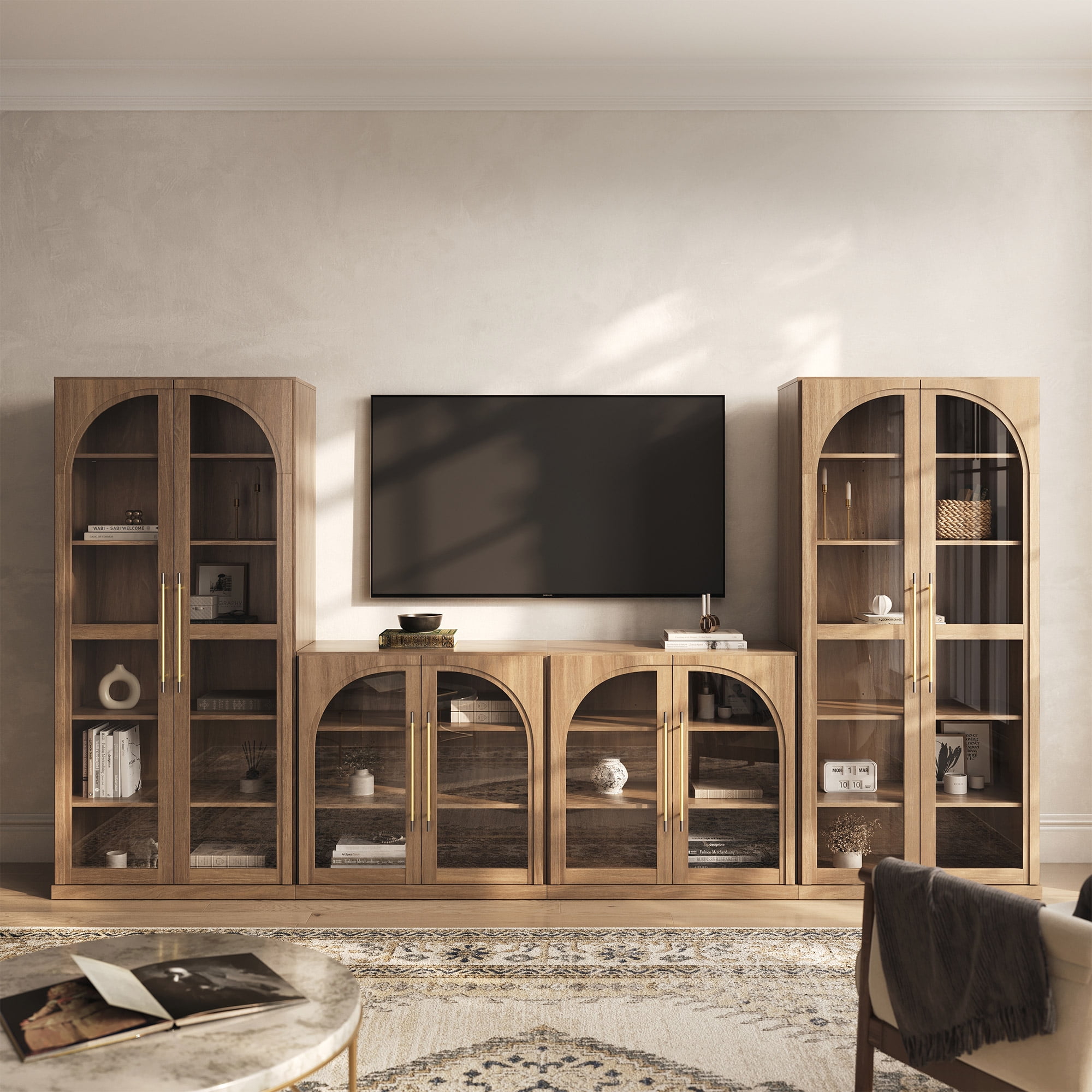 BELLEZE 4-Piece Modular TV Stand Set - 2 Arched Glass Door Sideboard ...