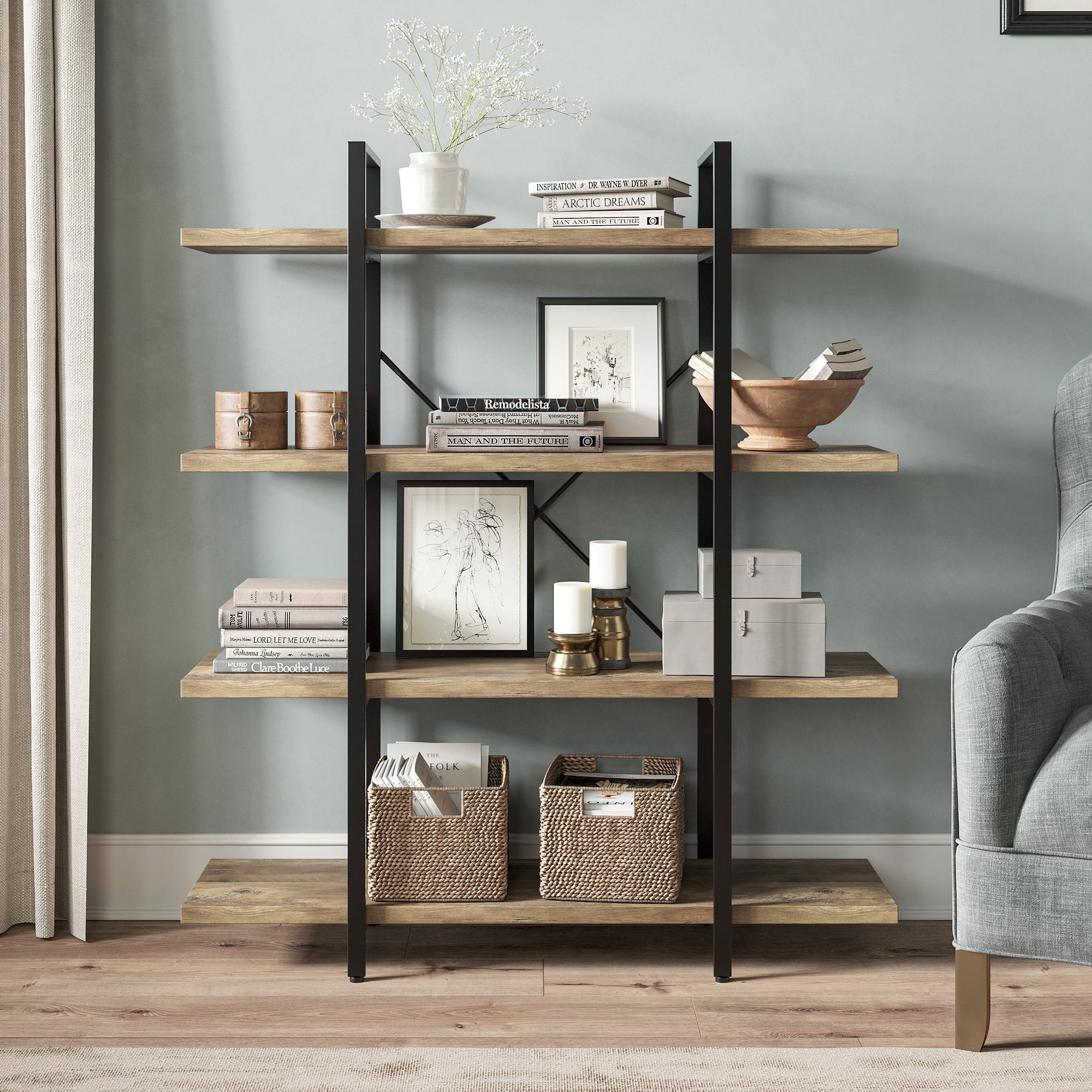 BELLEZE 4 Tier Modern Rustic Industrial Bookshelf - Hazel (Rustic Oak ...