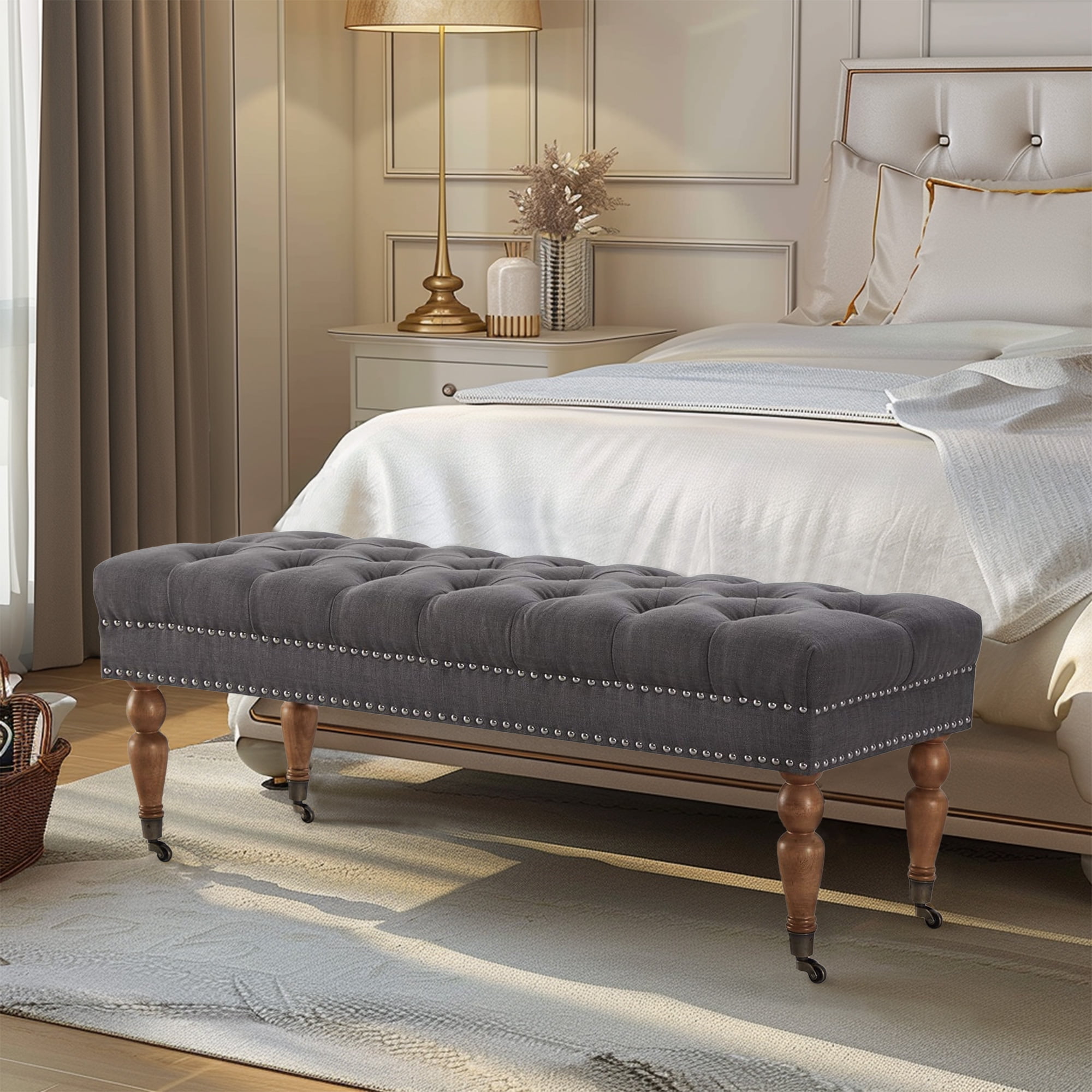 BELLEZE Ottoman Bench, 47 Inch, Tufted Gray Top, Modern Wood Legs ...