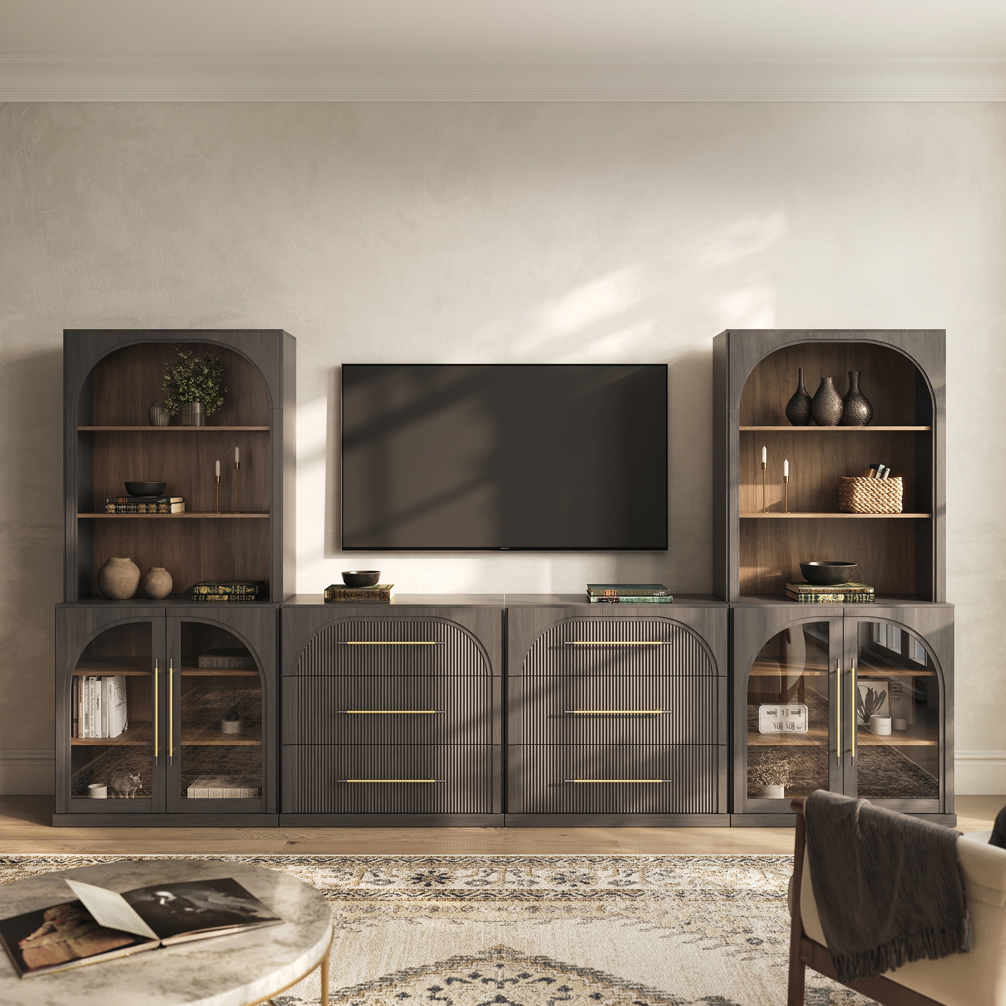 BELLEZE 6-Piece Modular TV Stand Set - 2 Arched Glass Door Sideboards ...