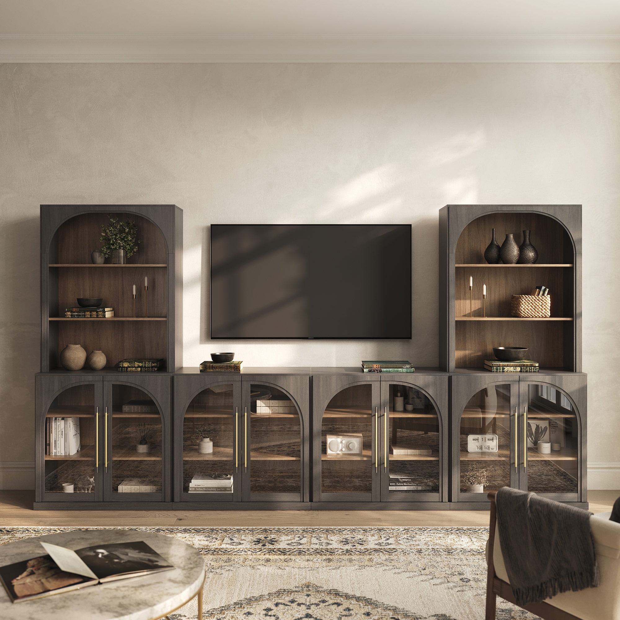 BELLEZE 6-Piece Modular TV Stand Set - 4 Arched Glass Door ...