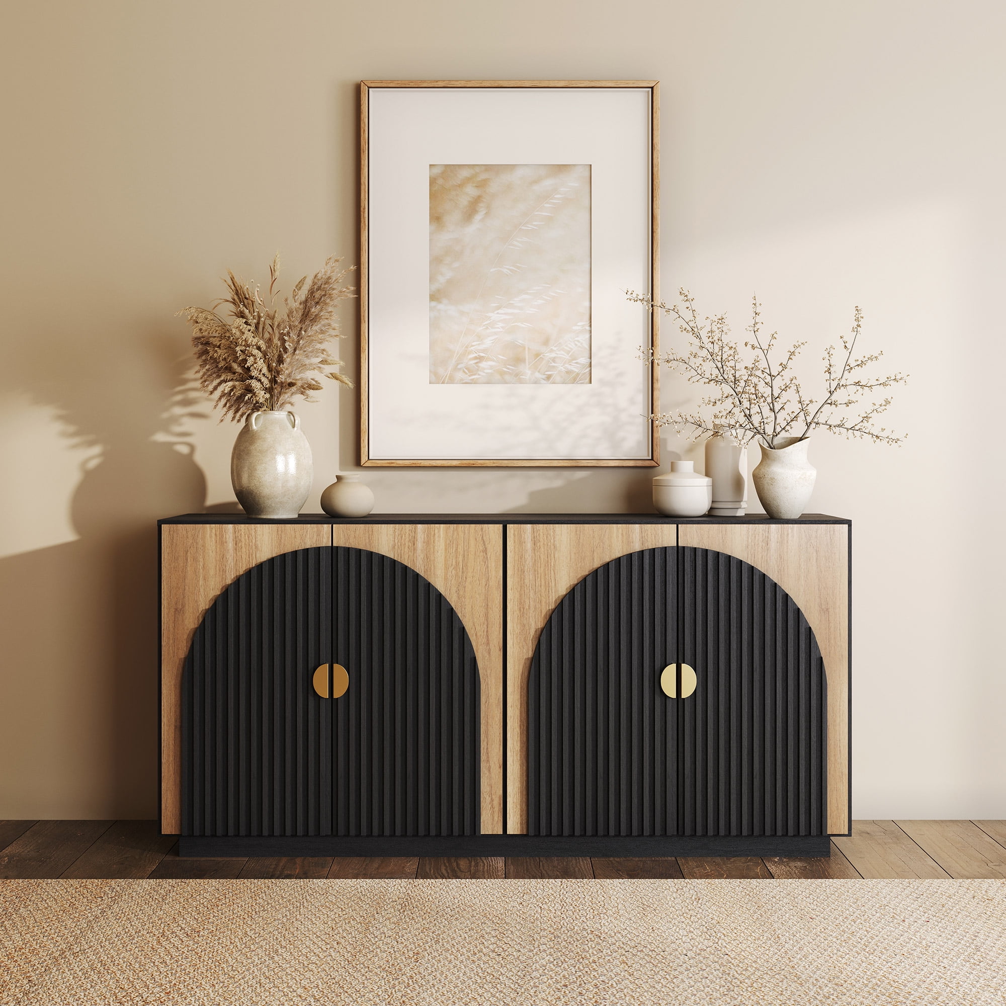BELLEZE 65 Inch Fluted Buffet Cabinet with Storage, Symmetrical Arc ...