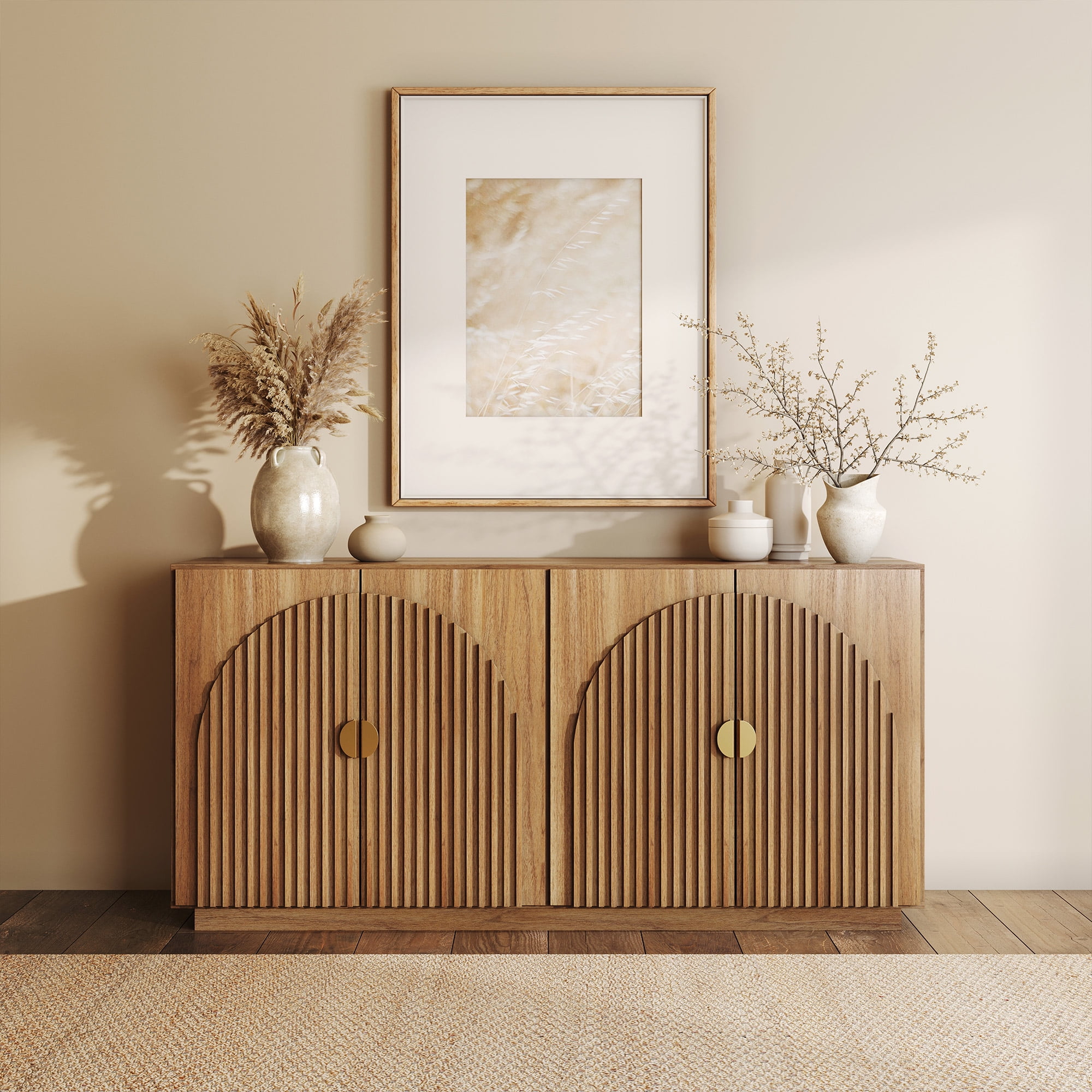 BELLEZE 65 Inch Fluted Buffet Cabinet with Storage, Symmetrical Arc ...