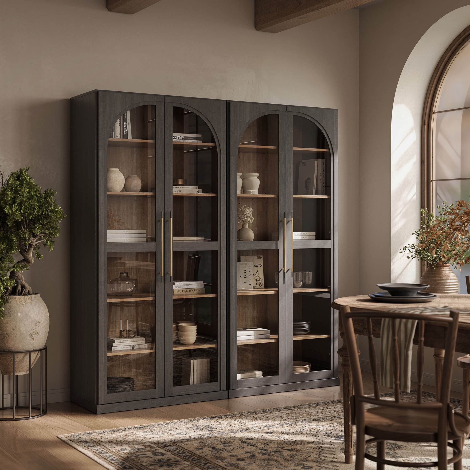 BELLEZE 67" Storage Cabinet Set of 2, 6 Shelf Glass Bookshelf Display ...