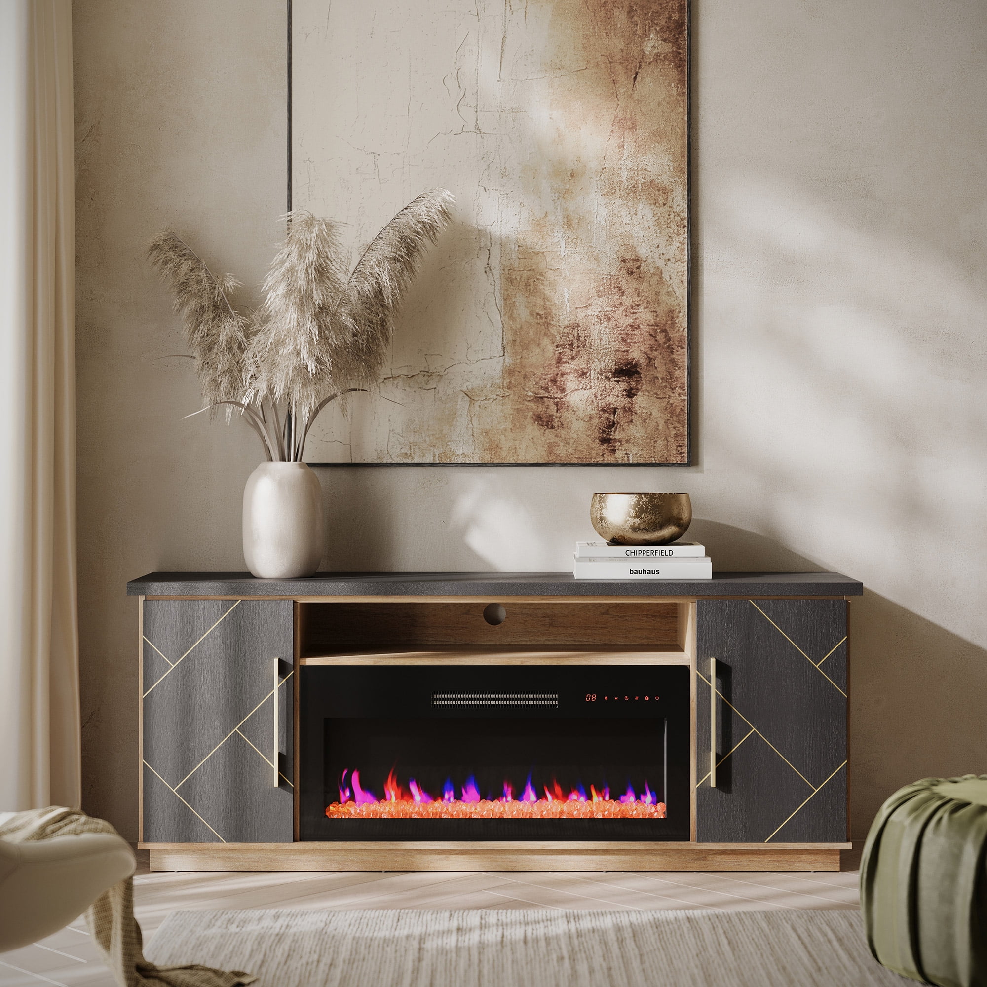 BELLEZE 68 Inch Electric Fireplace TV Stand With Gold Grim, Elegant ...