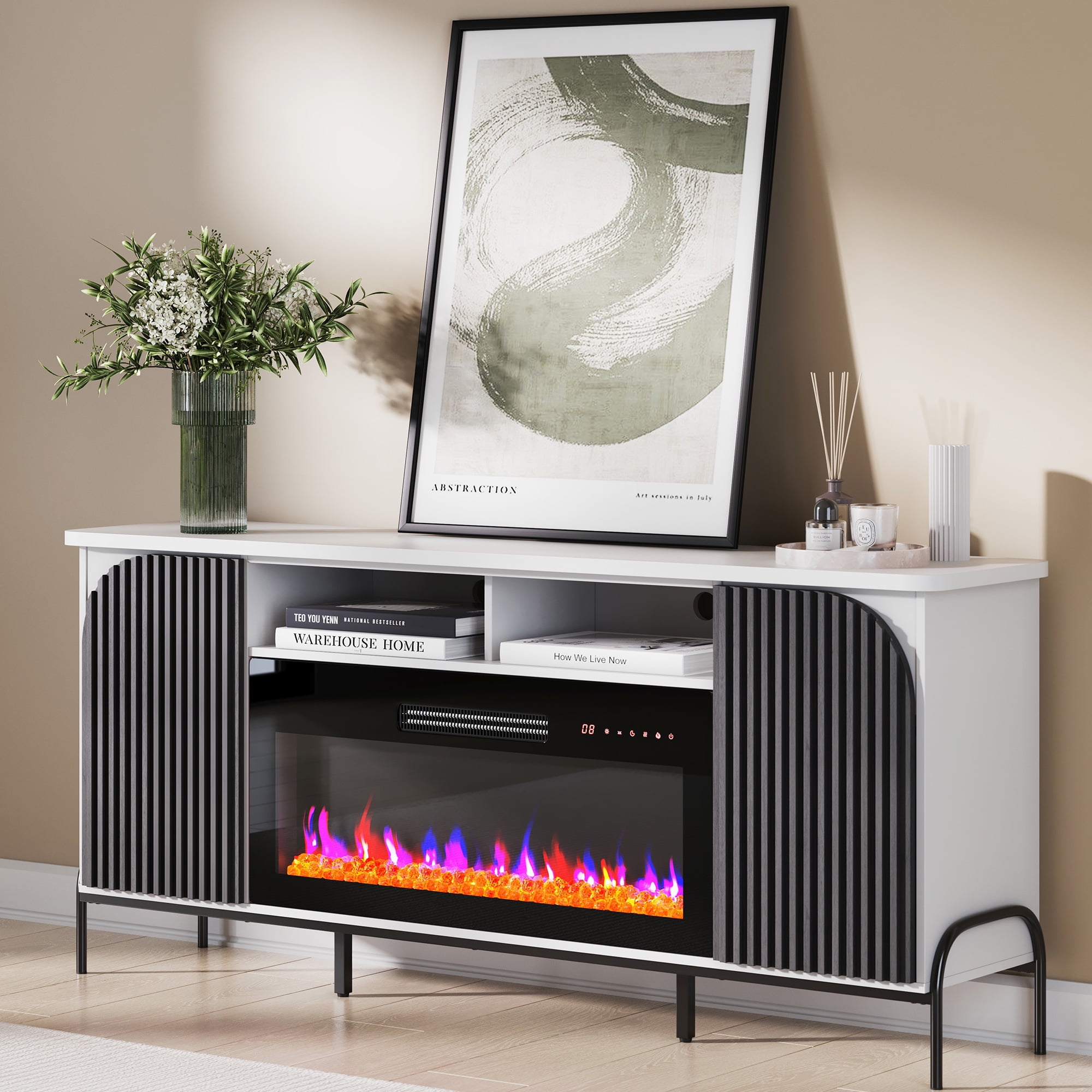 BELLEZE 68 Inch Fluted TV Stands with 36" Electric Fireplace, Modern ...