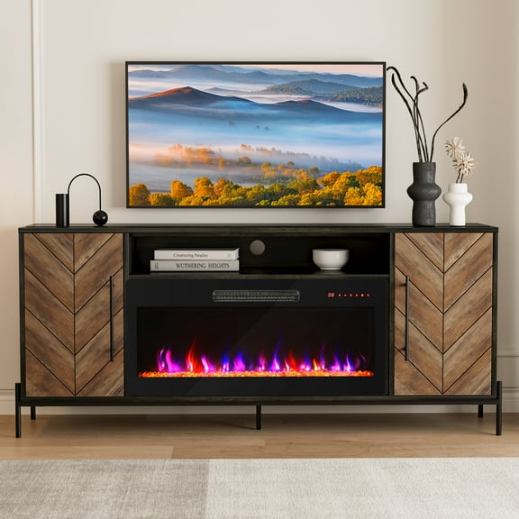 BELLEZE 66" TV Stand with 36" Electric Fireplace, Wood Console Table ...