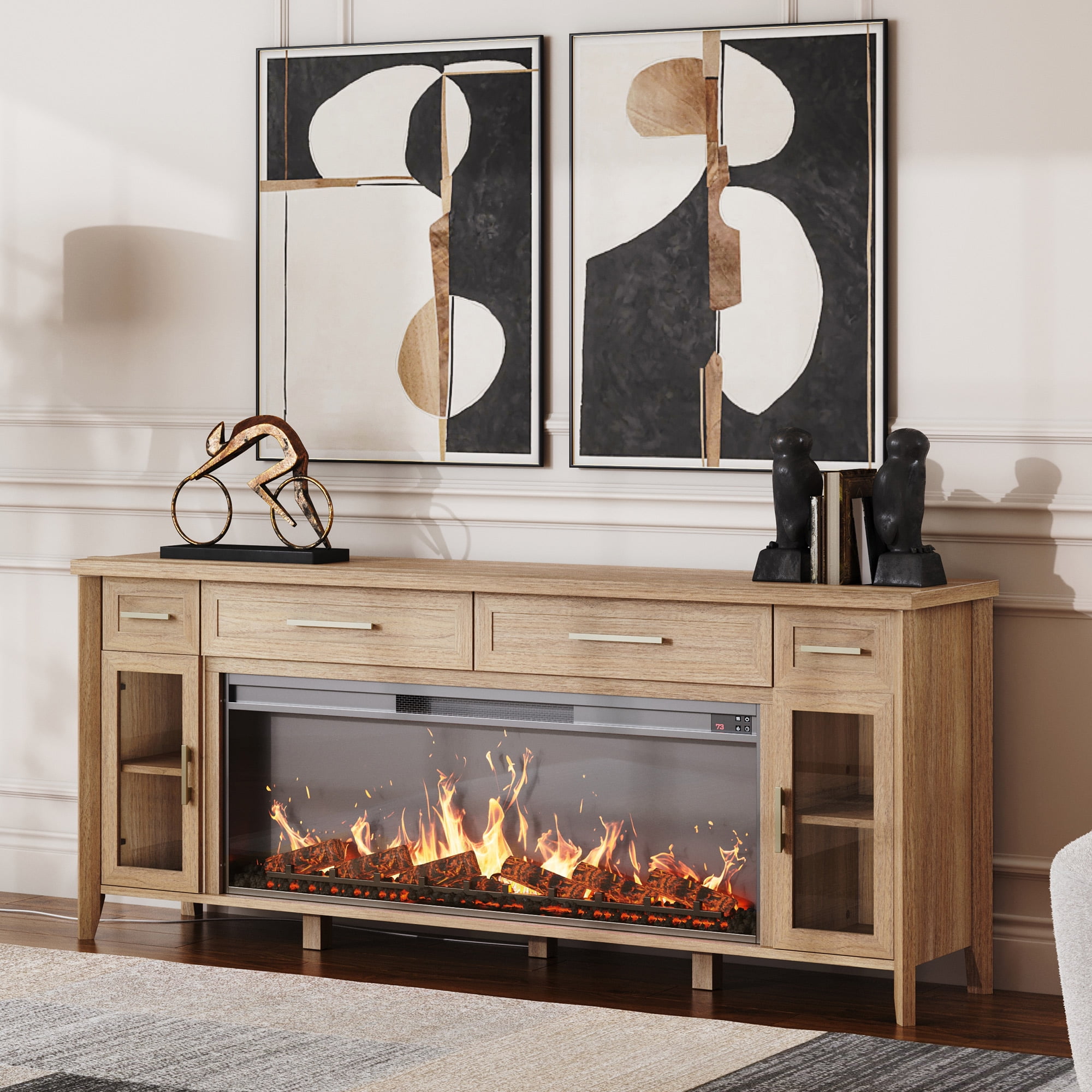 BELLEZE 74 Inch Rustic TV Stand with 48" Electric Fireplace, Extra ...