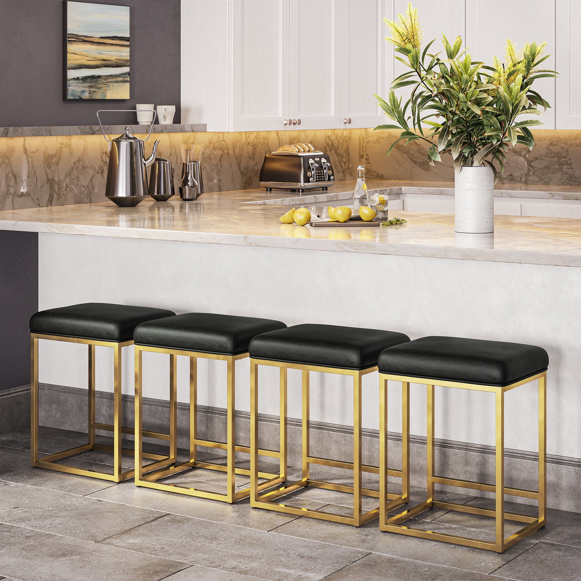 "BELLEZE 24"" Backless Bar Stools Set of 4, PU Leather Upholstered ...