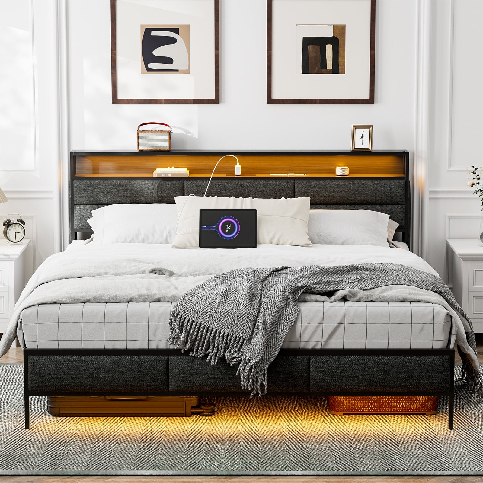 BELLEZE King Size Bed Frame with Charging Station, LED Lights ...