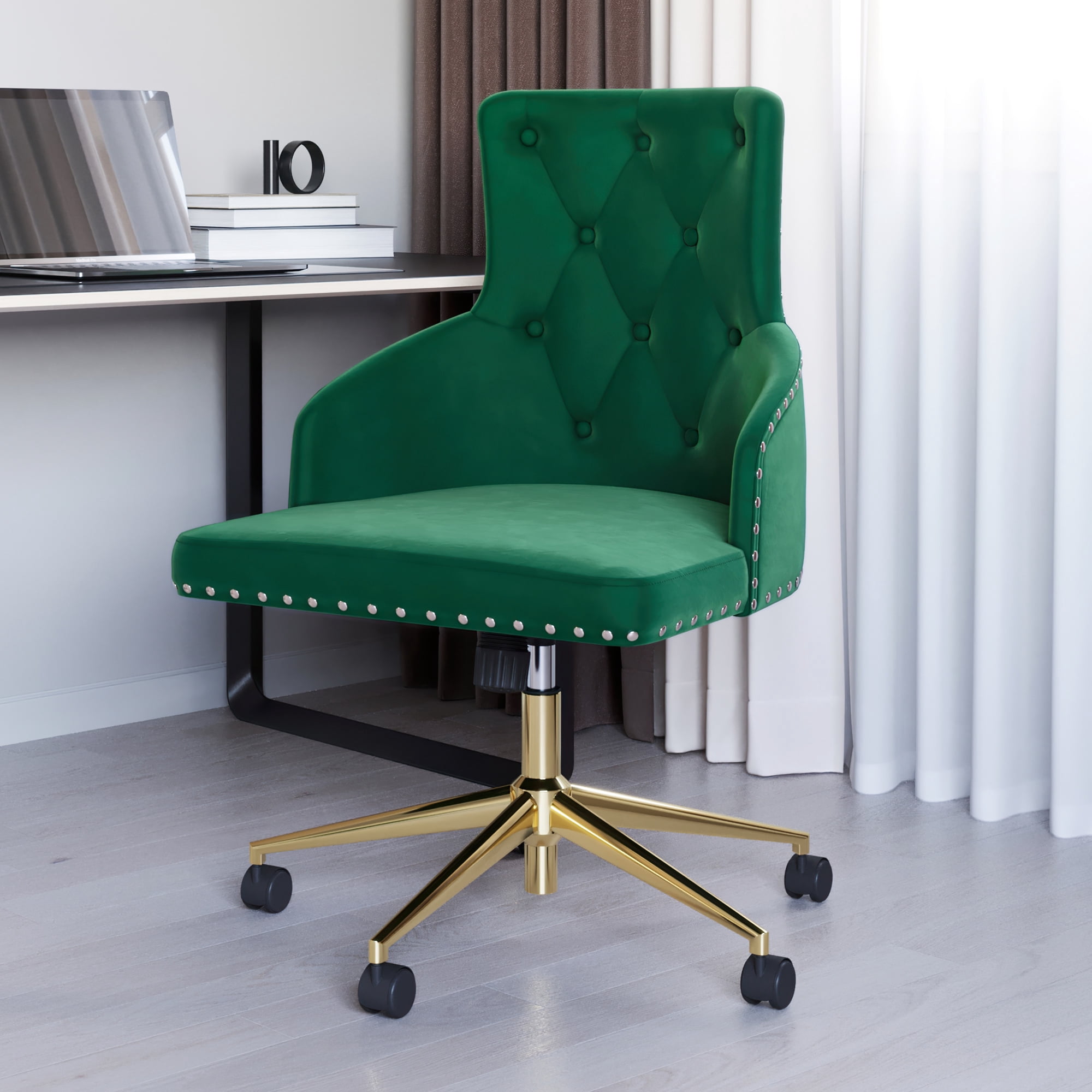 BELLEZE Belden Swivel Desk Chair, Green Velvet, Ergonomic Mid-Back ...
