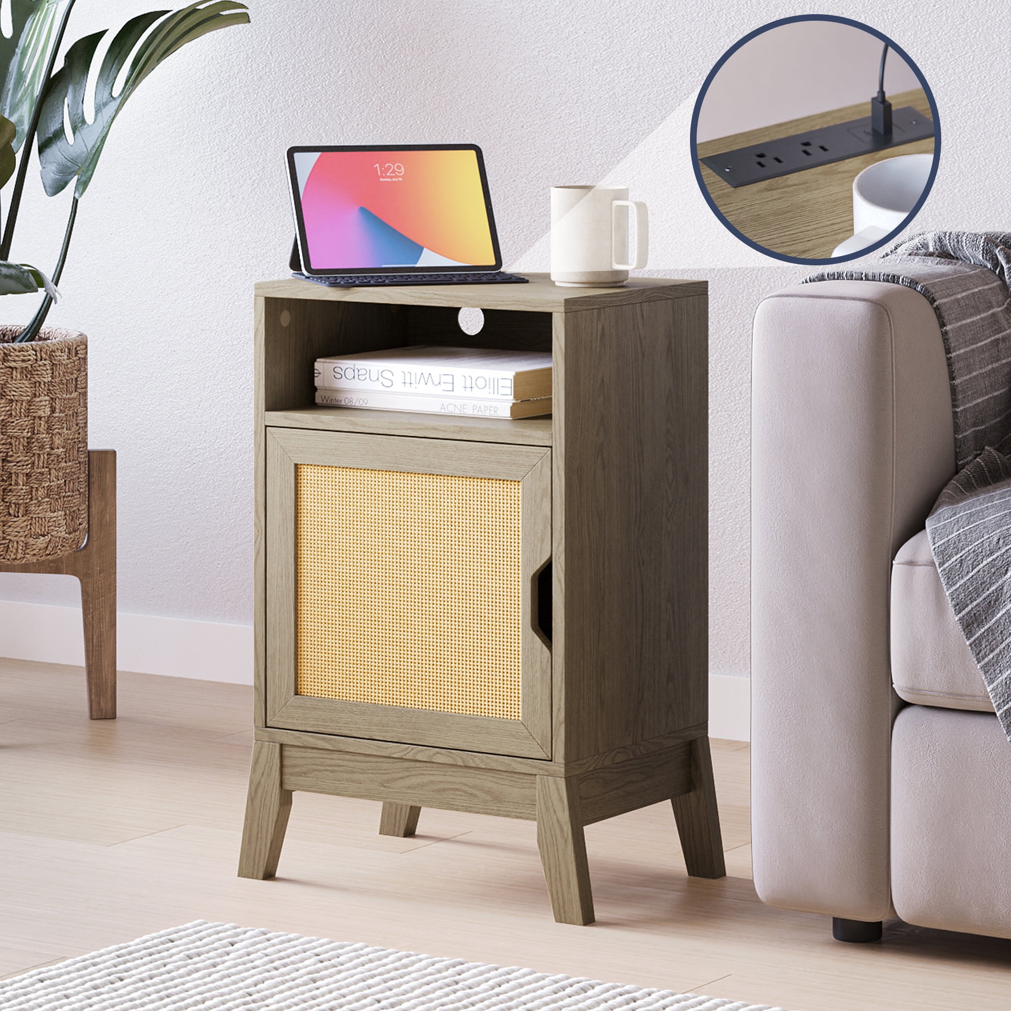 BELLEZE End Table with Ultra-Fast USB Type A/C Outlet Strip, Boho Style ...