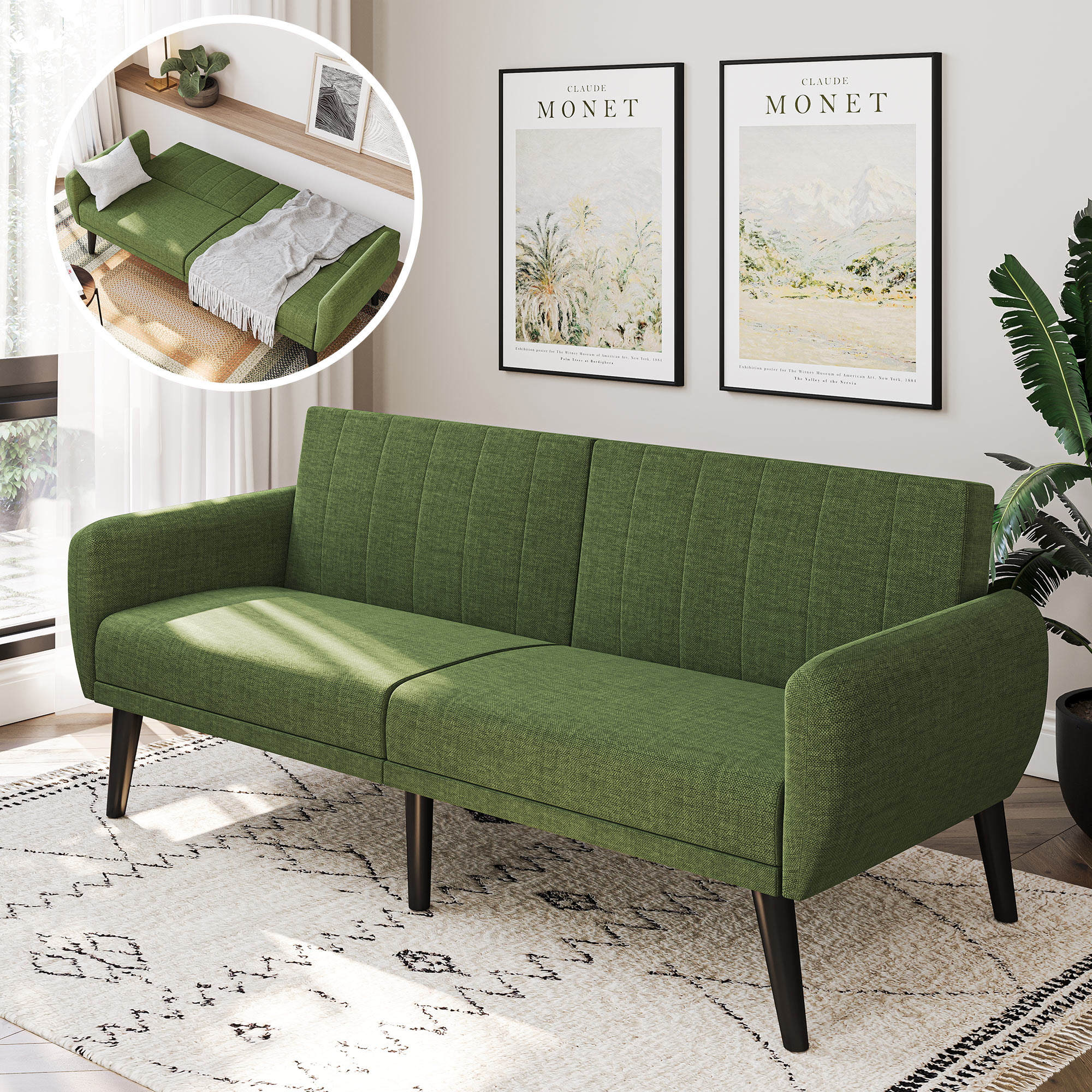 BELLEZE Plush Fabric Sofa Bed, Modern Convertible Loveseat, Green ...