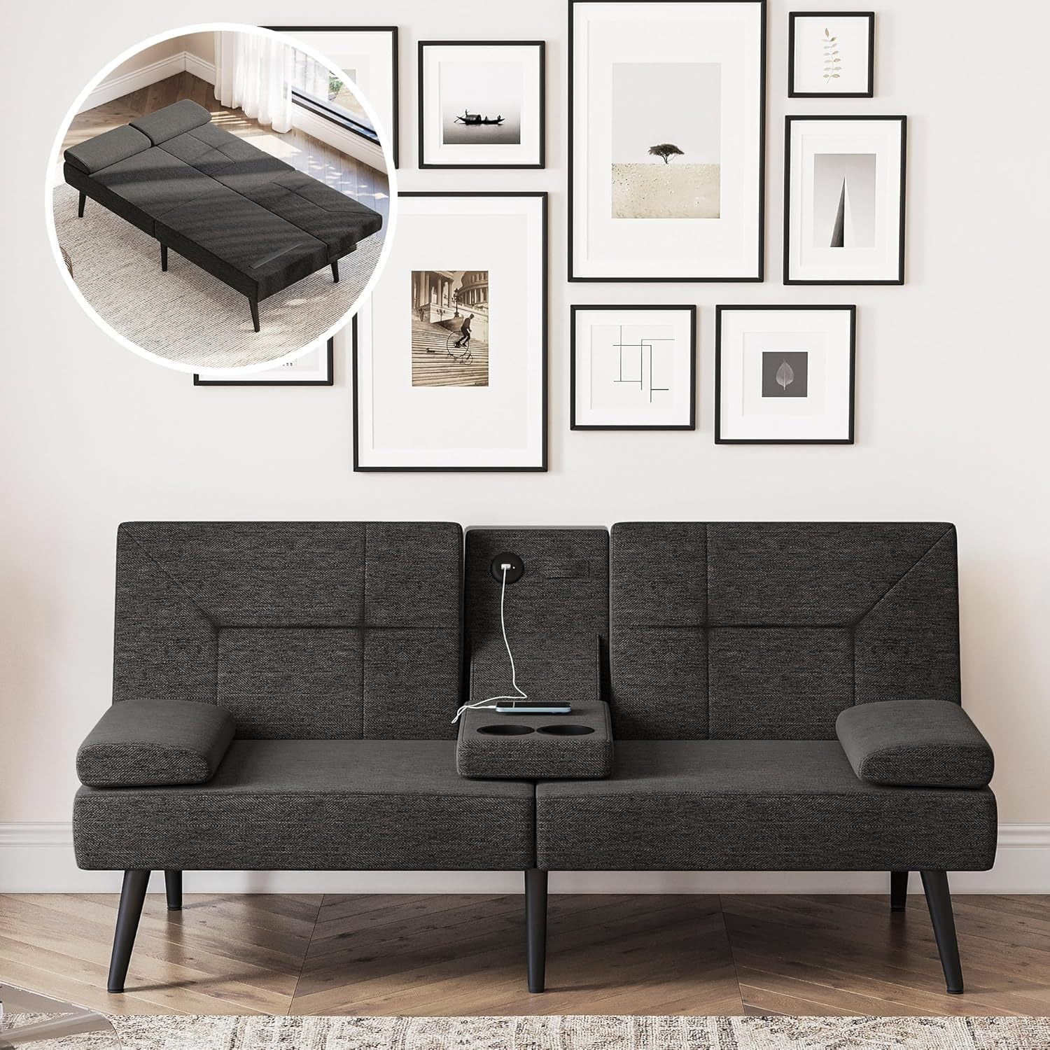 BELLEZE Convertible Sofa Bed with USB Charging Port, Modern Loveseat ...